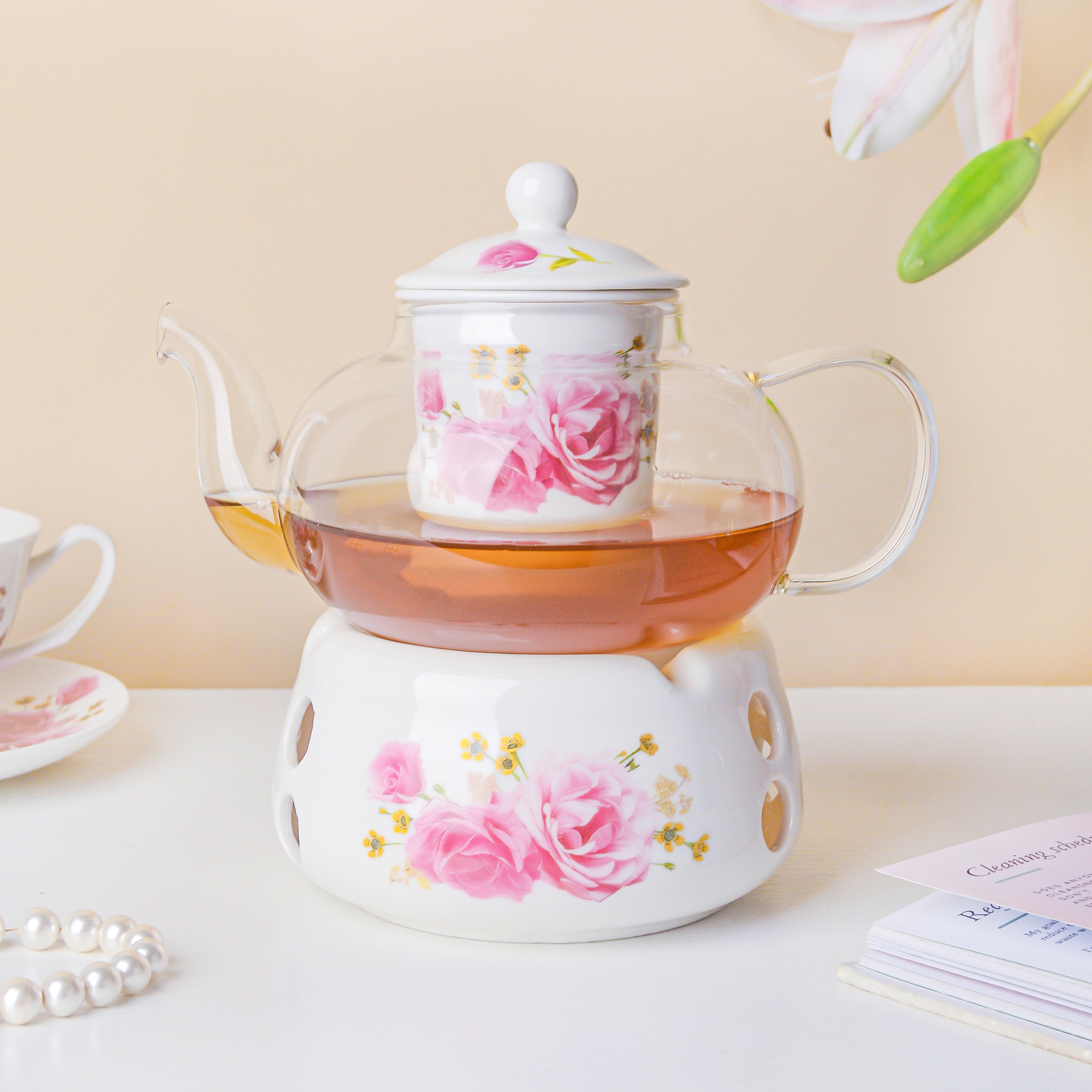 Cherry Rose Glass Teapot With Warmer Base 700 ml Online - Premium Tea ...