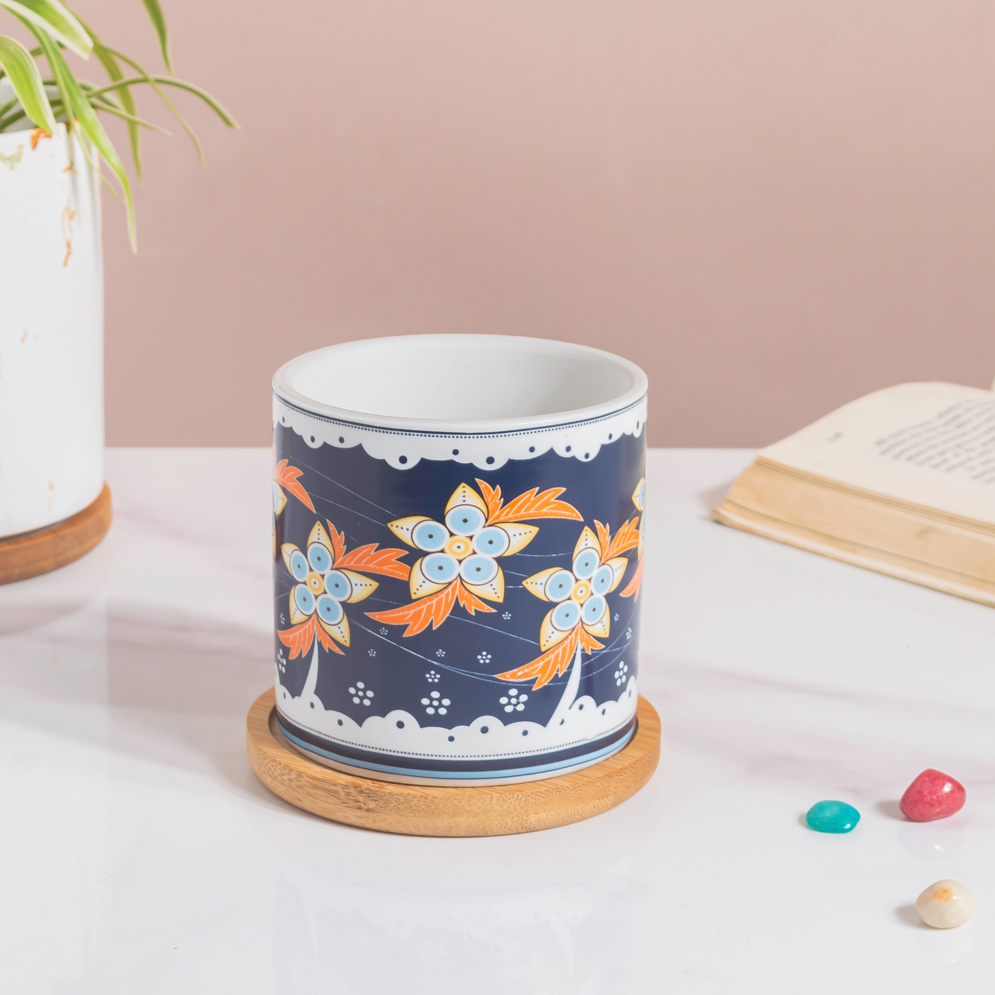 Bloom Fiesta Botanical Planter Blue With Wooden Coaster