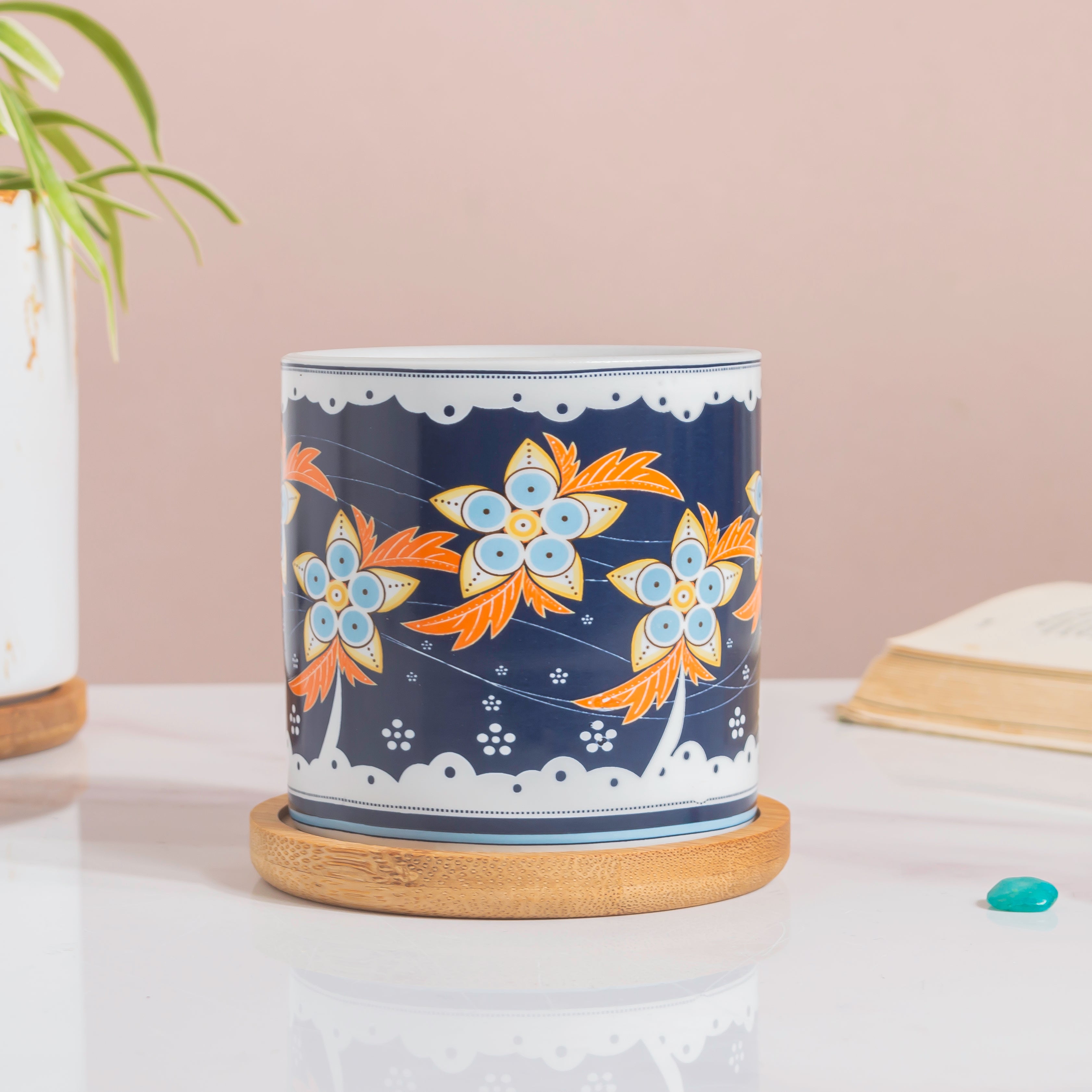 Bloom Fiesta Botanical Planter Blue With Wooden Coaster