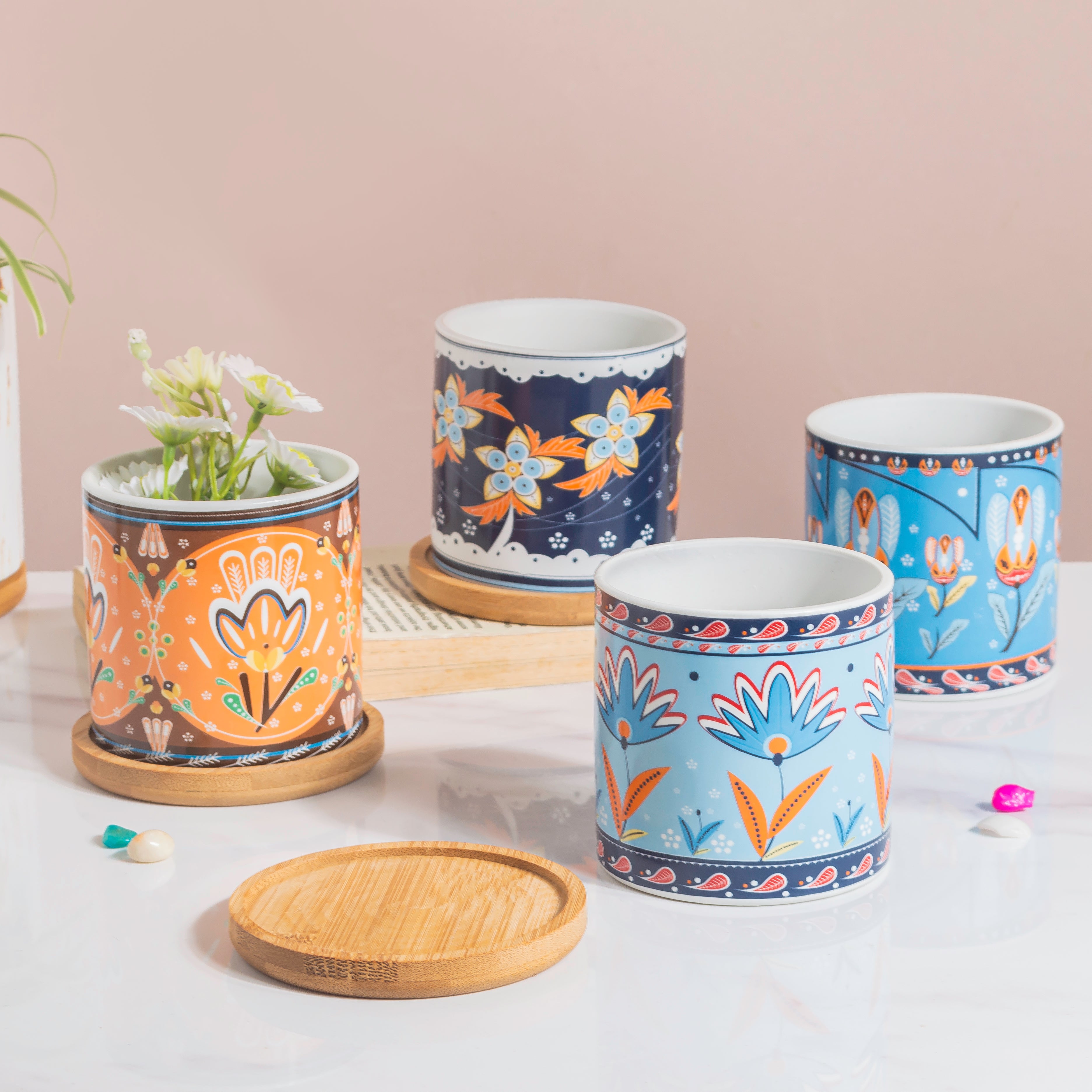 Bloom Fiesta Botanical Planter Blue With Wooden Coaster