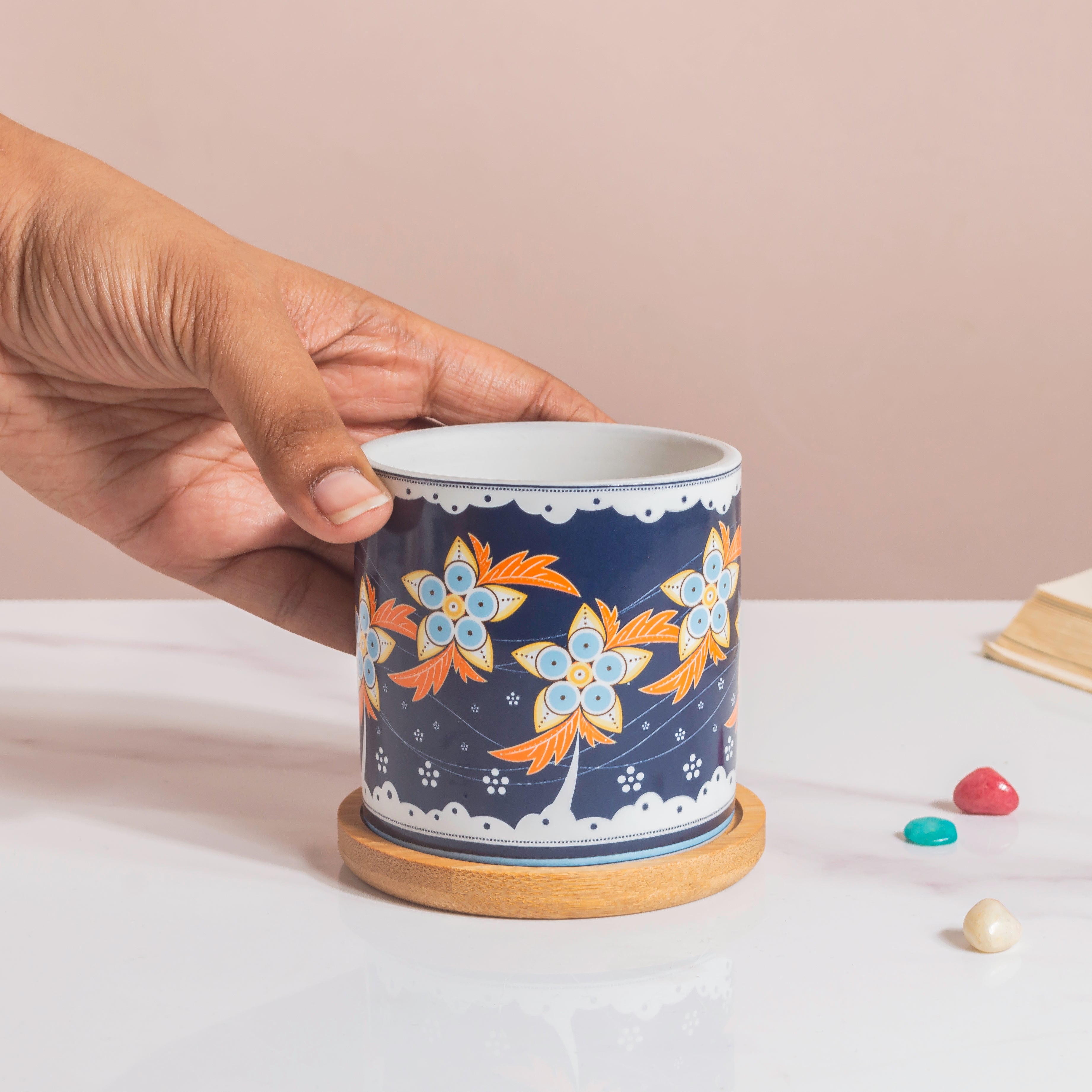 Bloom Fiesta Botanical Planter Blue With Wooden Coaster