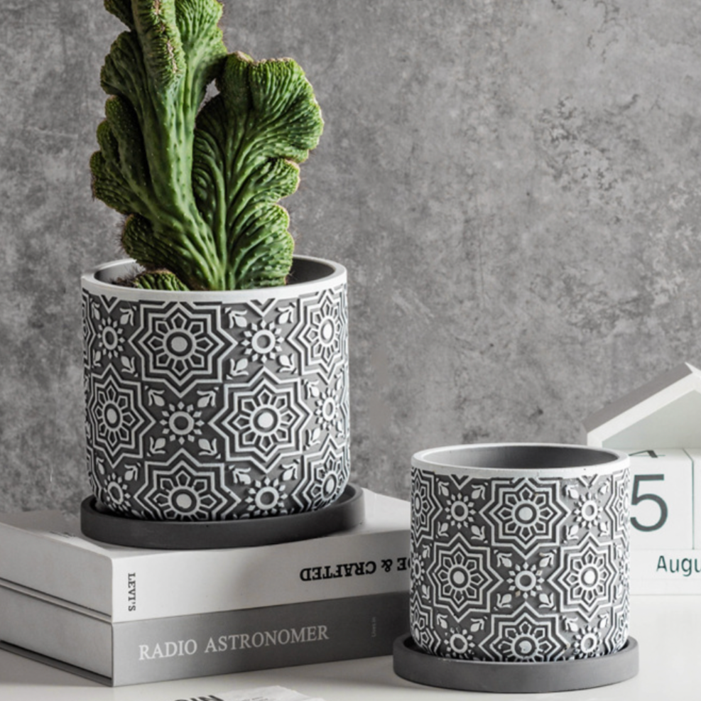 Grey Floral Textured Pot With Plate | Nestasia