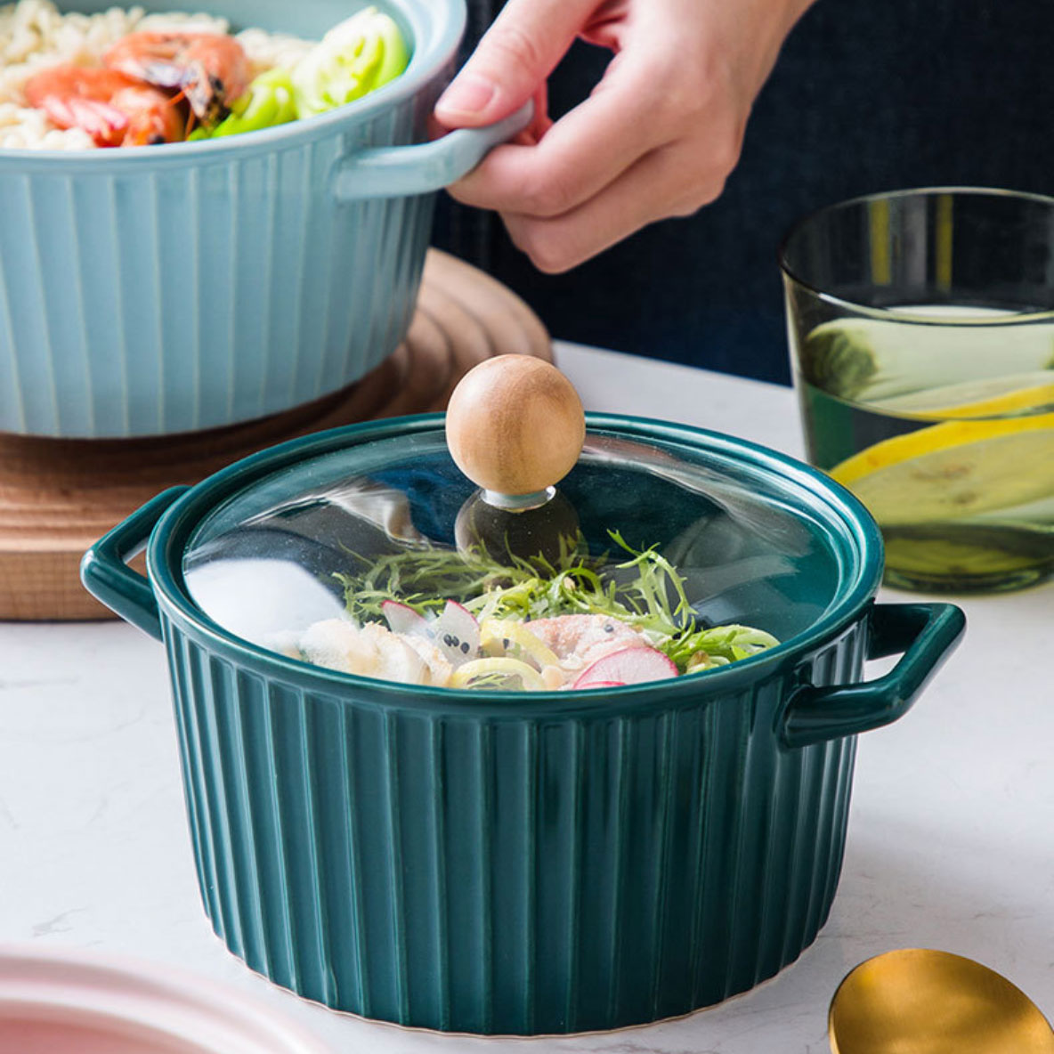 Serving Pot With Lid Green Online - Premium Serving Bowl | Nestasia