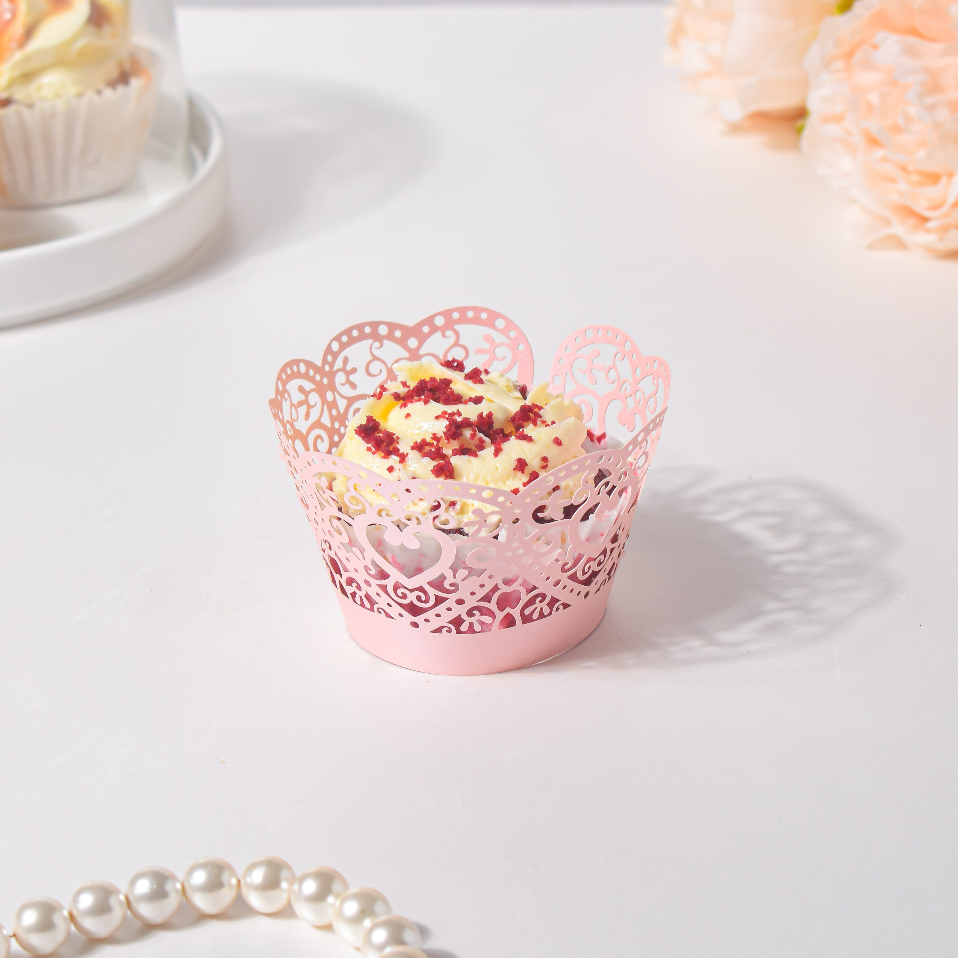 Pink Heart Lace Cupcake Wrapper Set Of 20 Online - Premium Mould | Nestasia