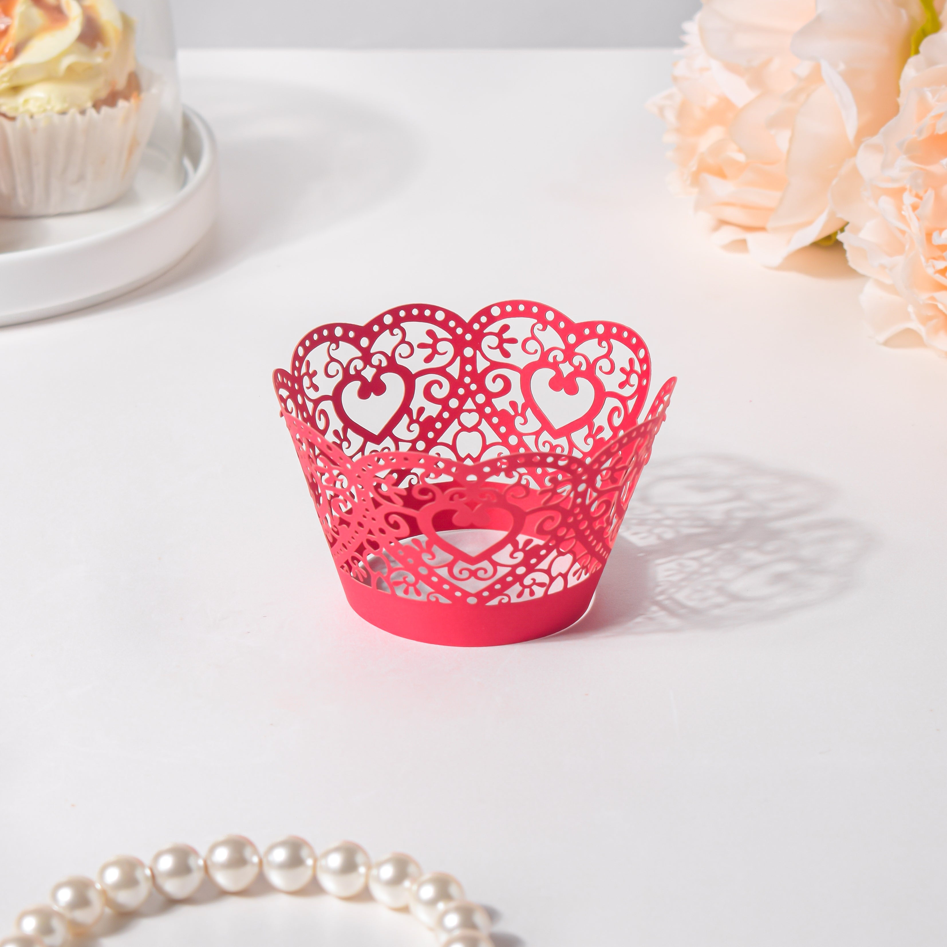 Red Heart Lace Cupcake Wrapper Set Of 20 Online - Premium Mould | Nestasia