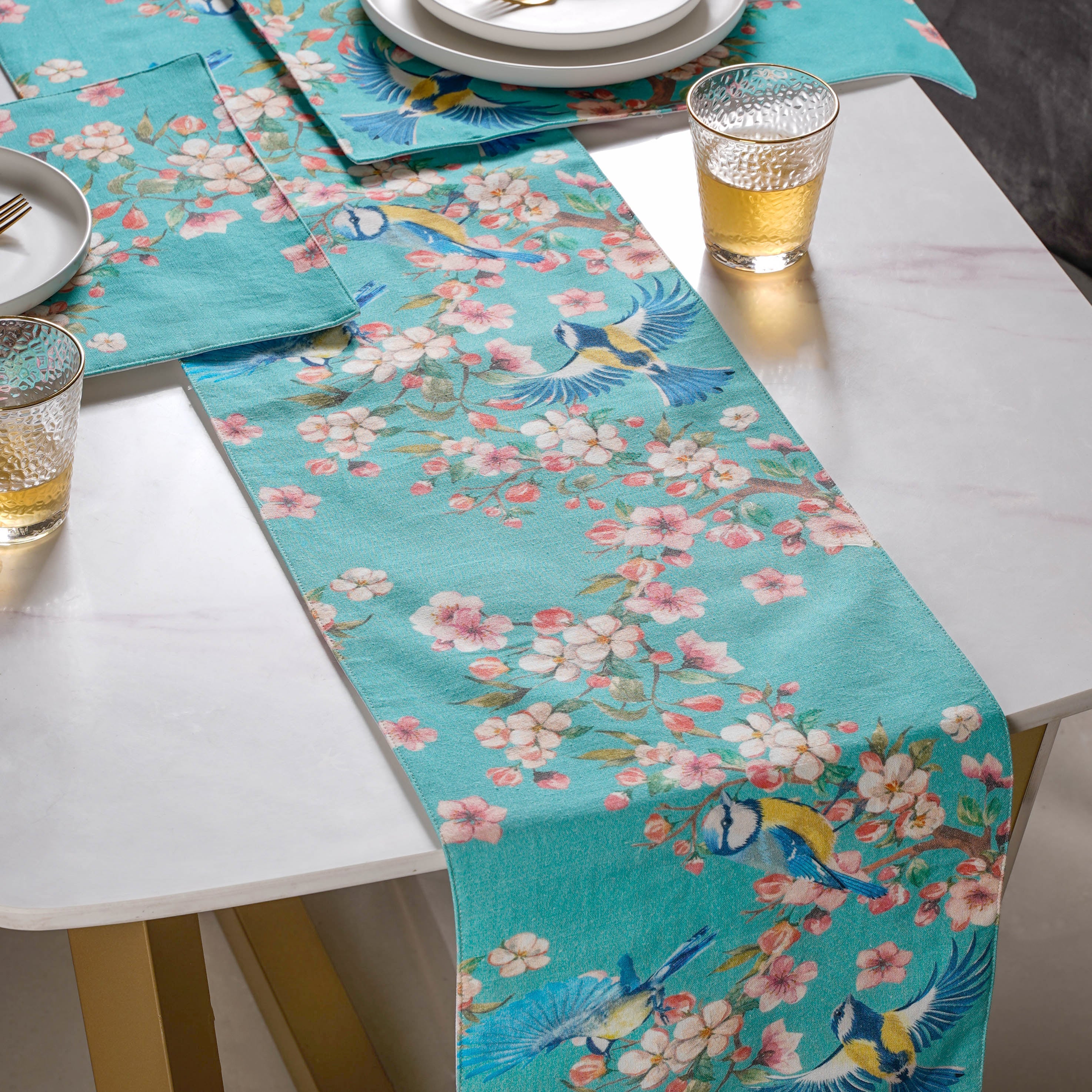 Birds Blossoms Cotton Printed Table Runner Blue For 6 Seater Online ...