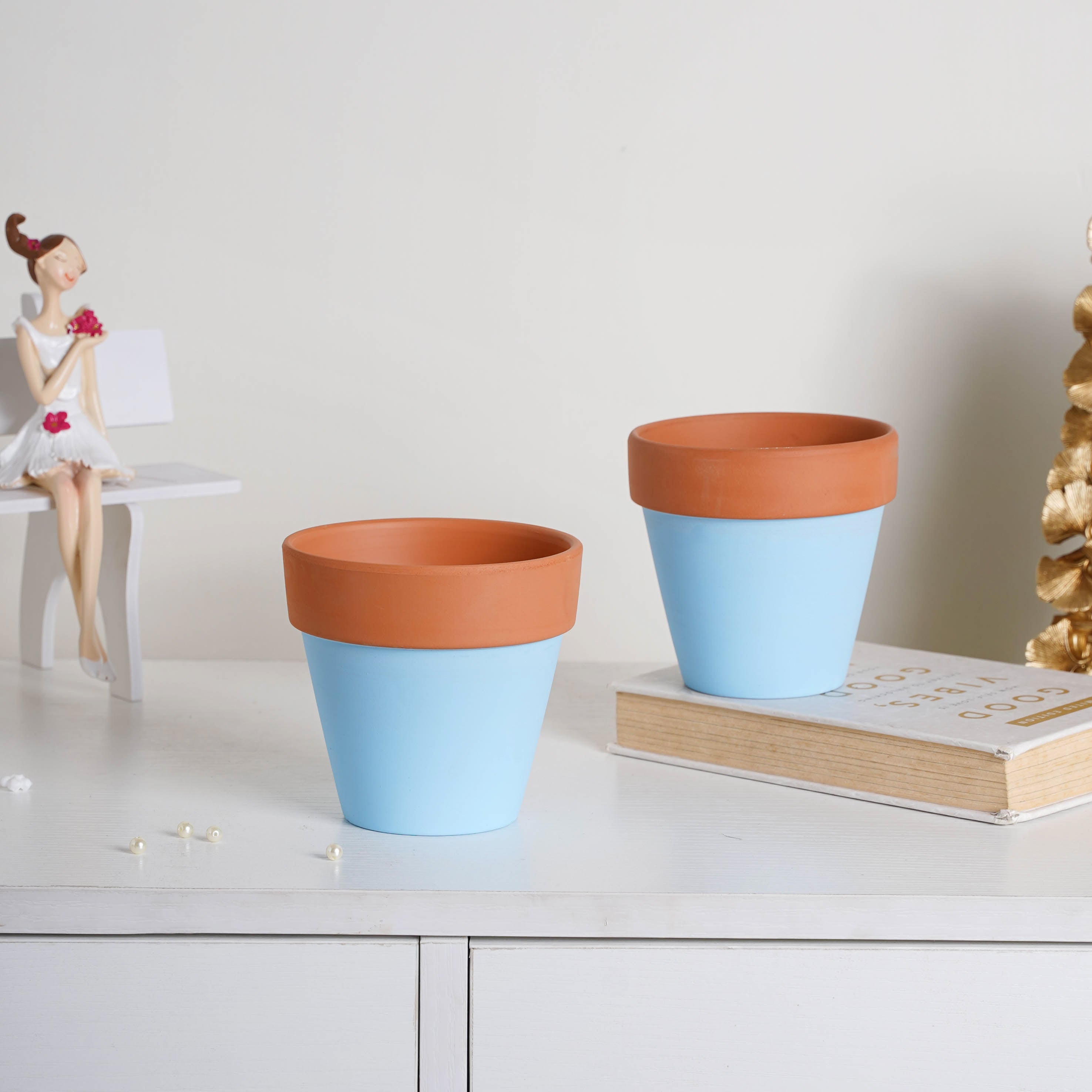 Brown Rim Sky Blue Clay Pot Set Of 2