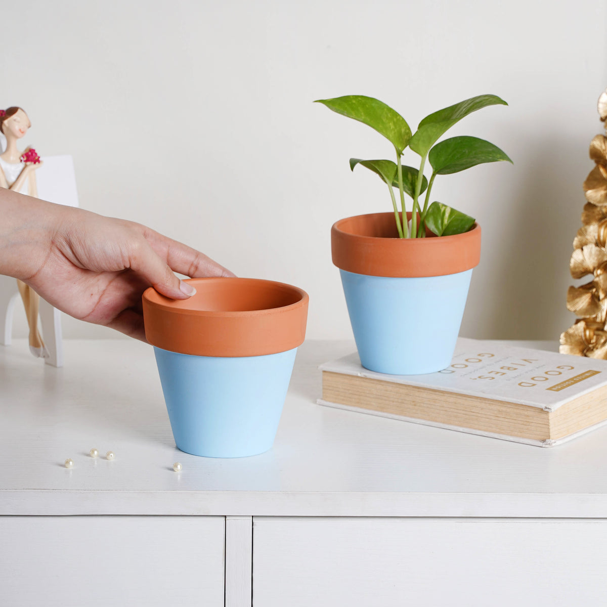 Brown Rim Sky Blue Clay Pot Set Of 2