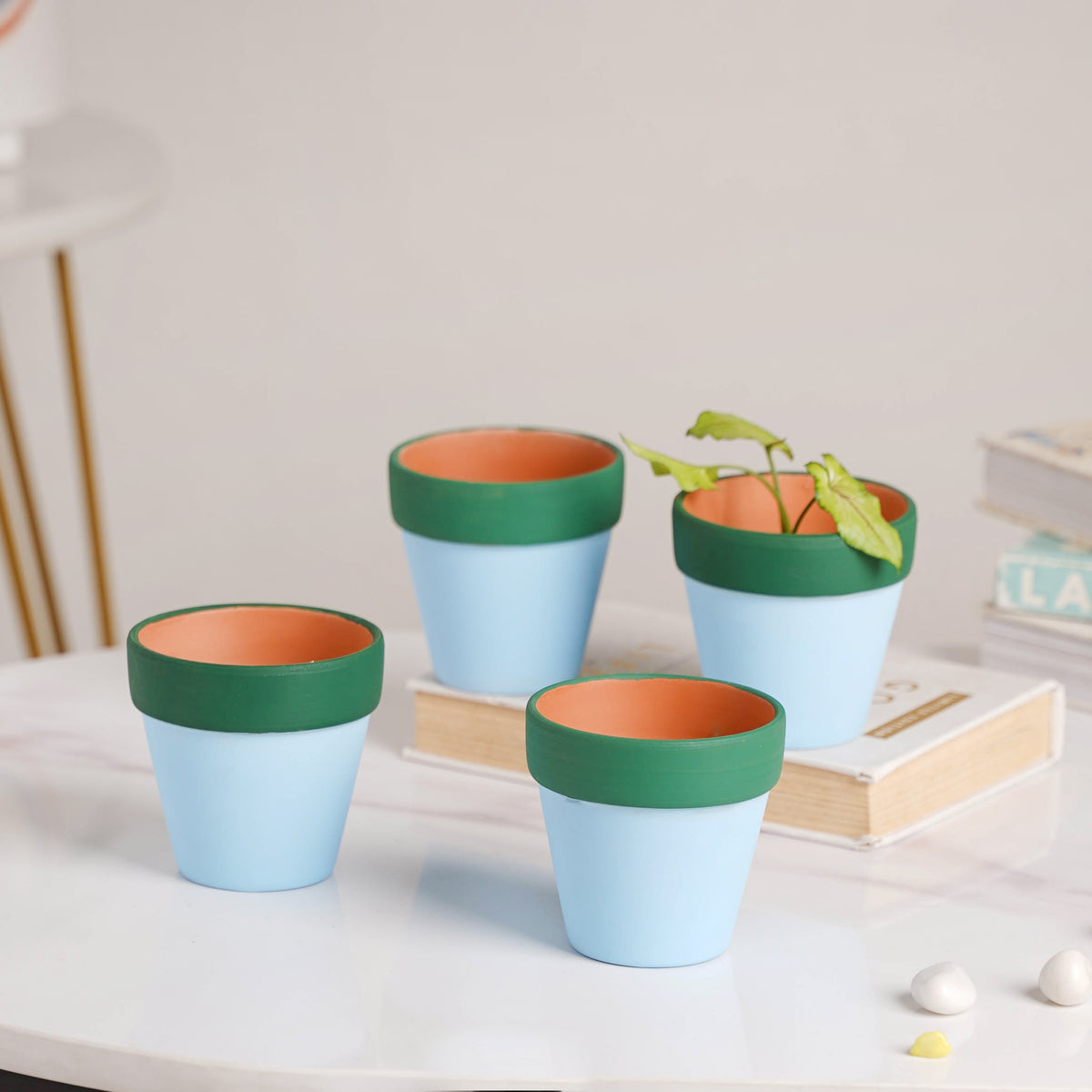 Green Rim Sky Blue Mini Pot Set Of 4