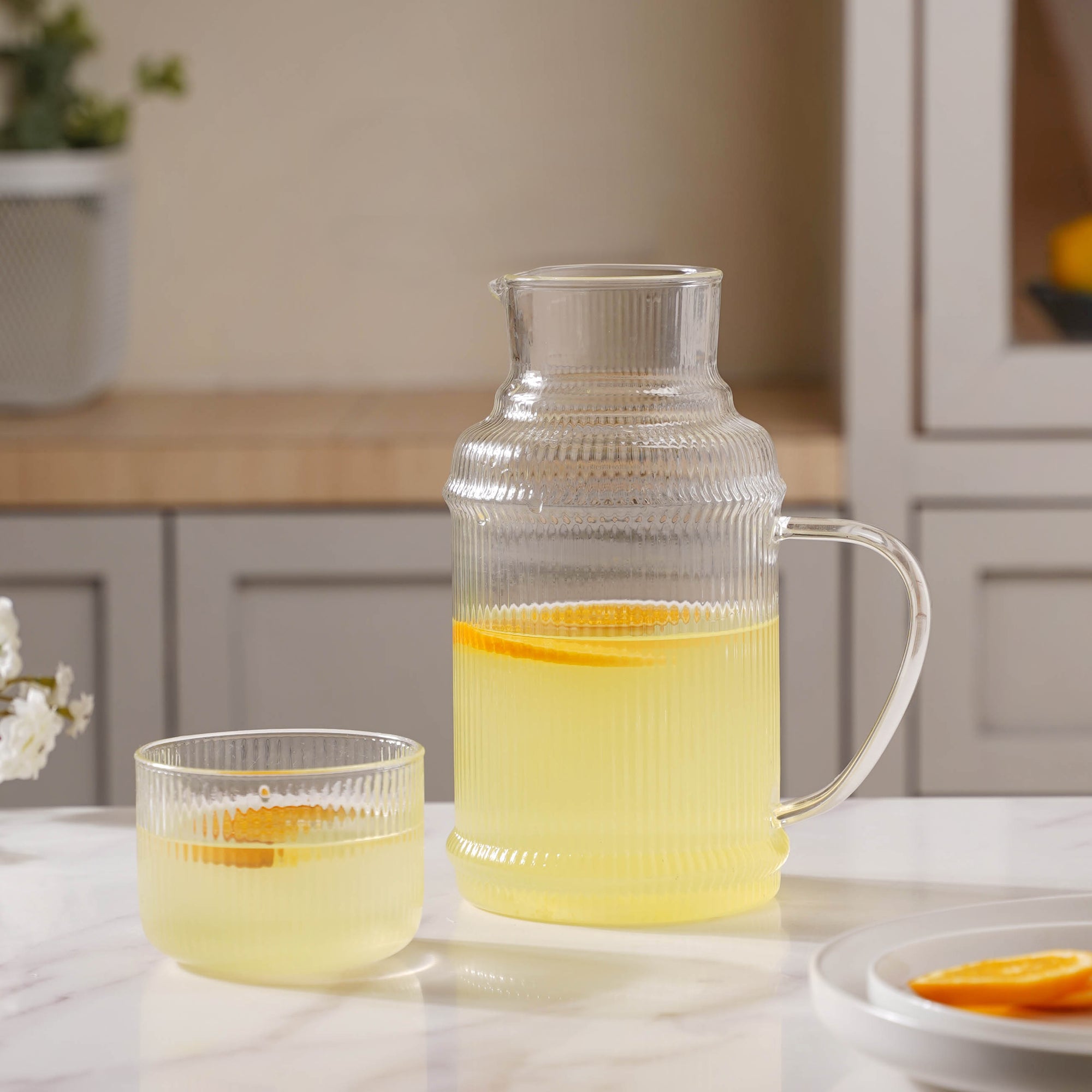 Modern Ribbed Glass Jug and Cup Set Online - Premium Jug Set | Nestasia