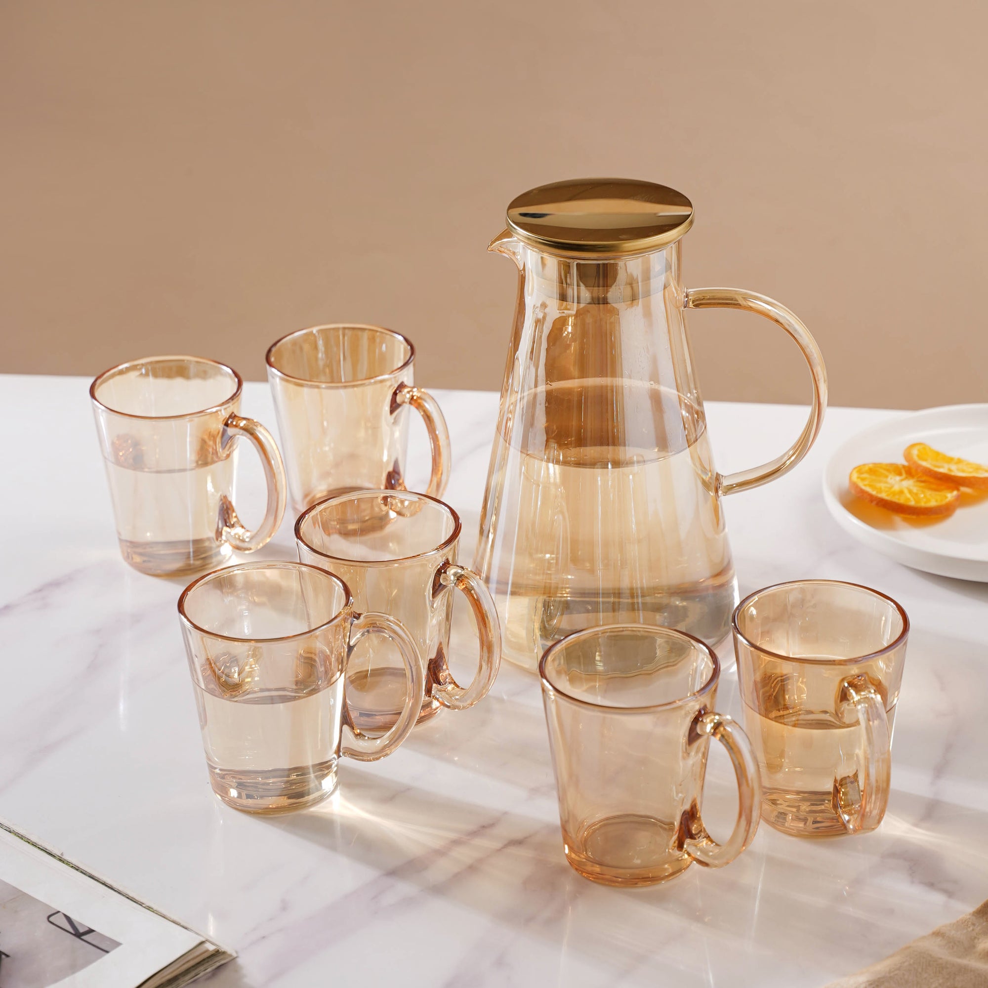 Amber Glass Jug and Cup Set of 7 Online - Premium Jug Set | Nestasia