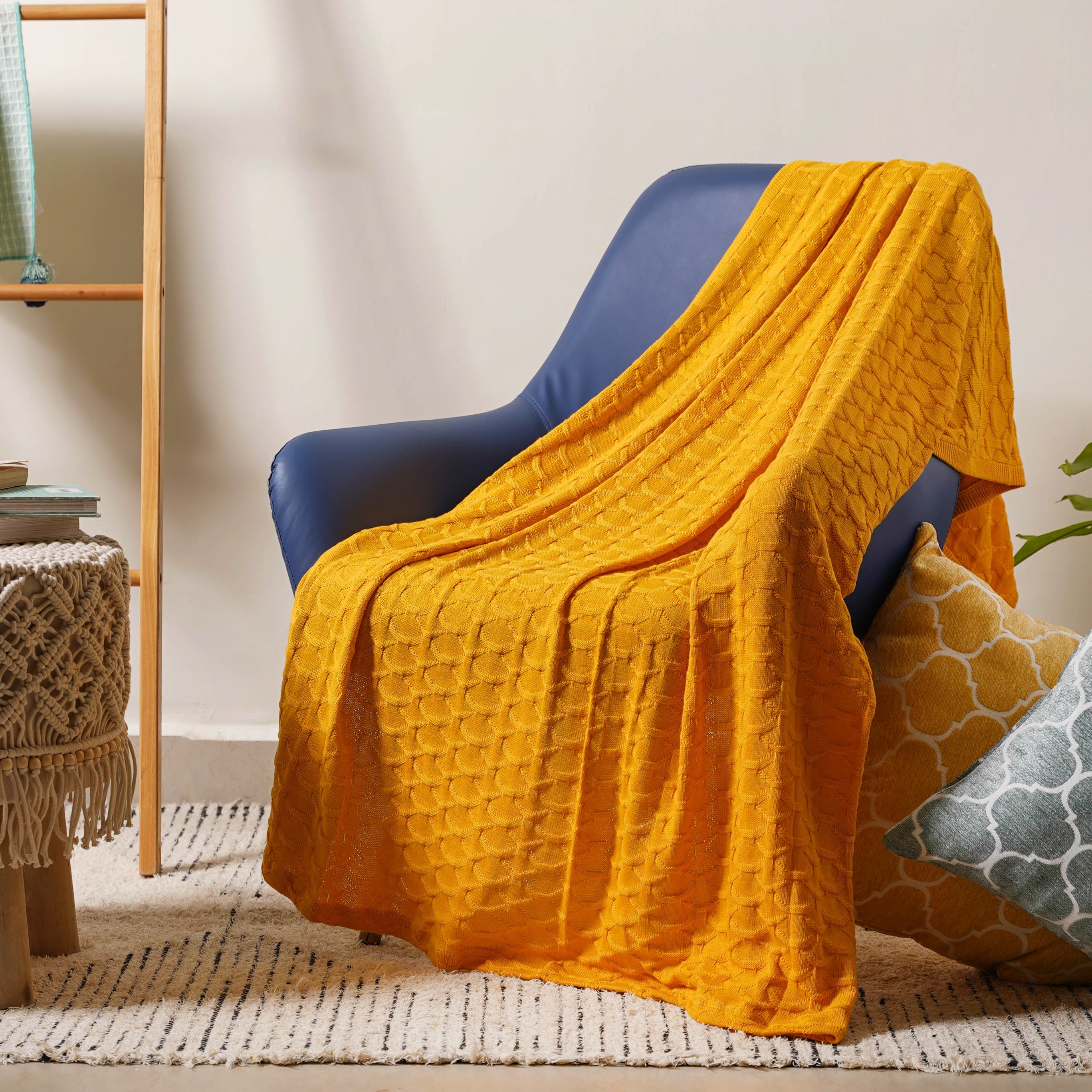 Mustard Scallop Knitted Throw Online - Premium Throw Blanket | Nestasia