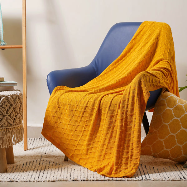 Mustard Scallop Knitted Throw
