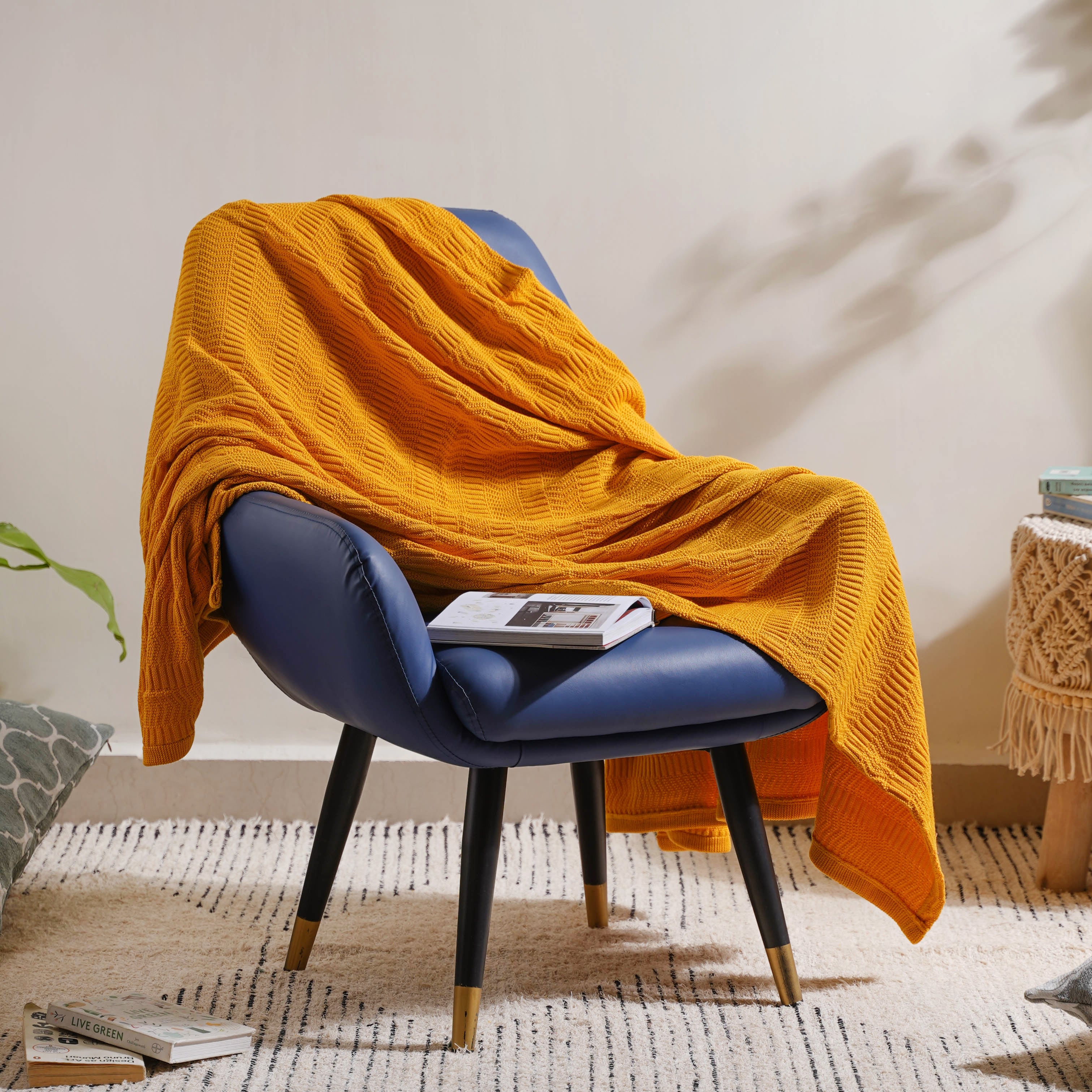 Mustard Chevron Knitted Throw Online - Premium Throw Blanket | Nestasia
