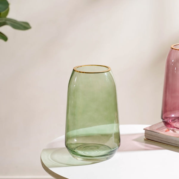 Clear Glass Gold Detailed Vase Green 9 Inch