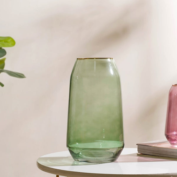 Clear Glass Gold Detailed Vase Green 11 Inch