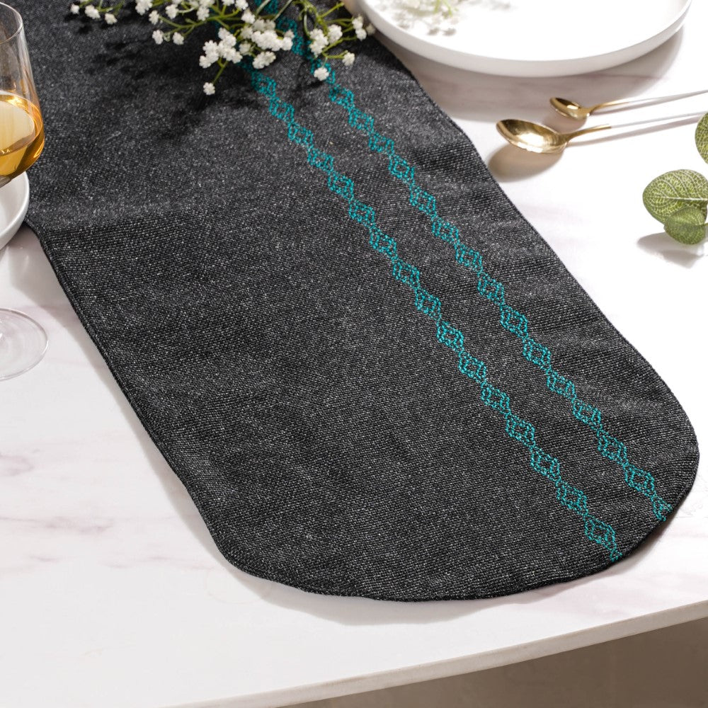 Embroidered Jute Table Runner Black 72 Inch