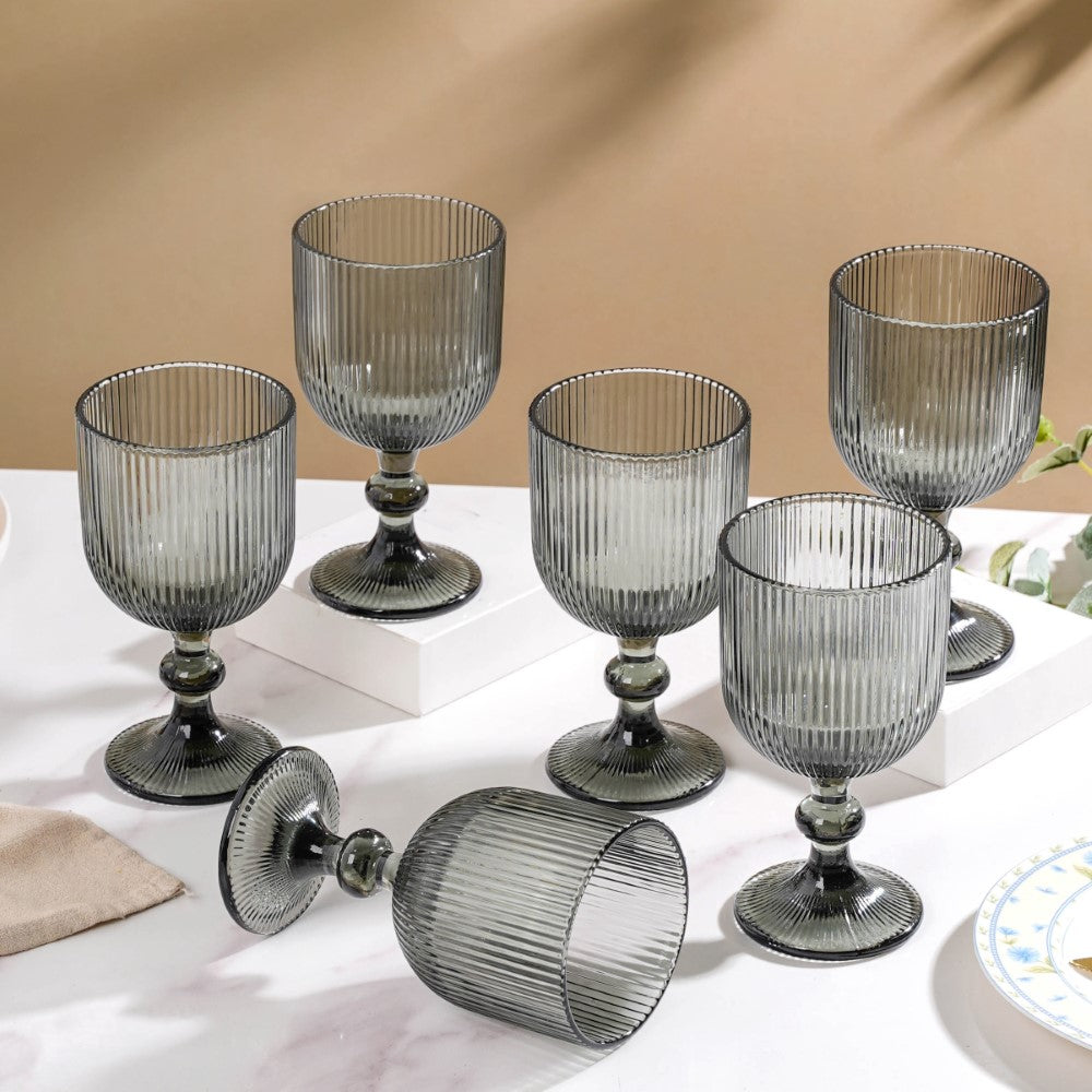 Ribbed Wine Glass Goblet Ash Grey Set Of 6 350ml