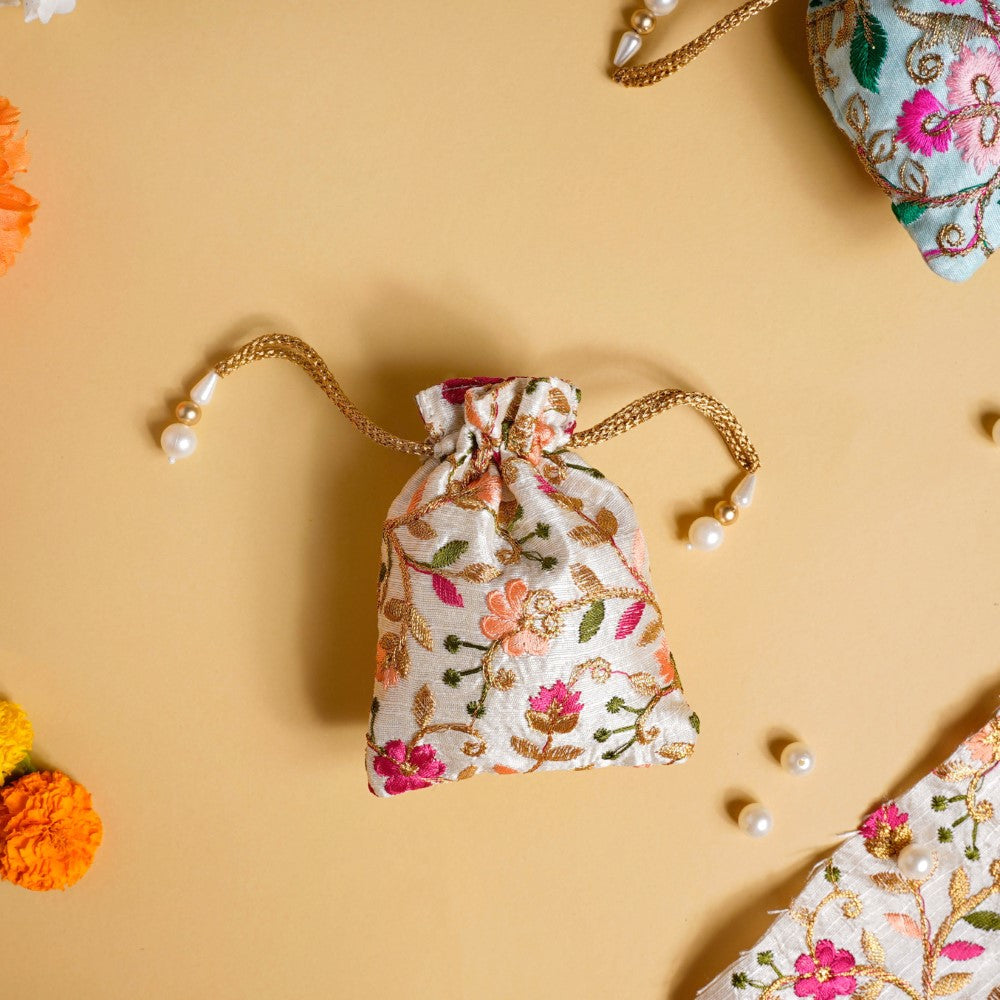 Aiyana Zari Floral Patterned Shagun Potli Bag Set Of 2