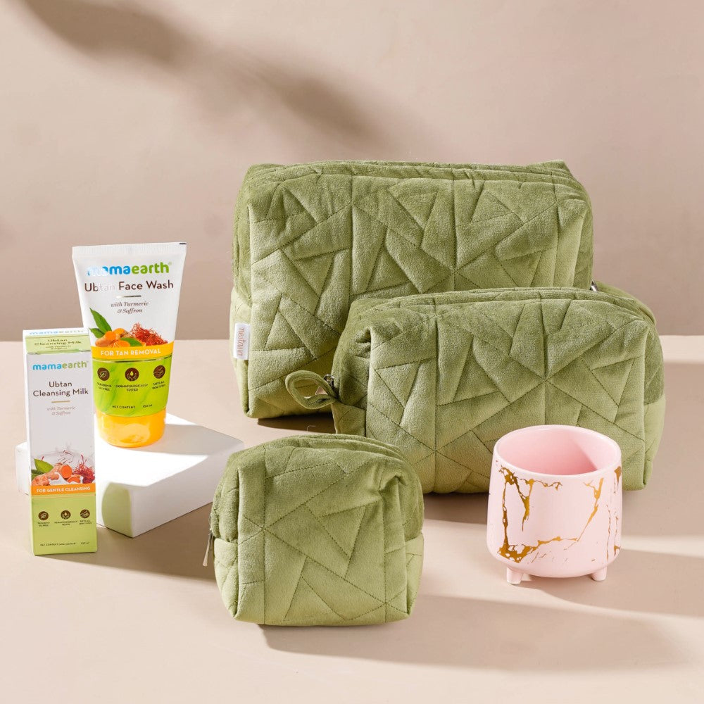 Green Cosmetic Bag And Organizer Gift Hamper Set Of 4