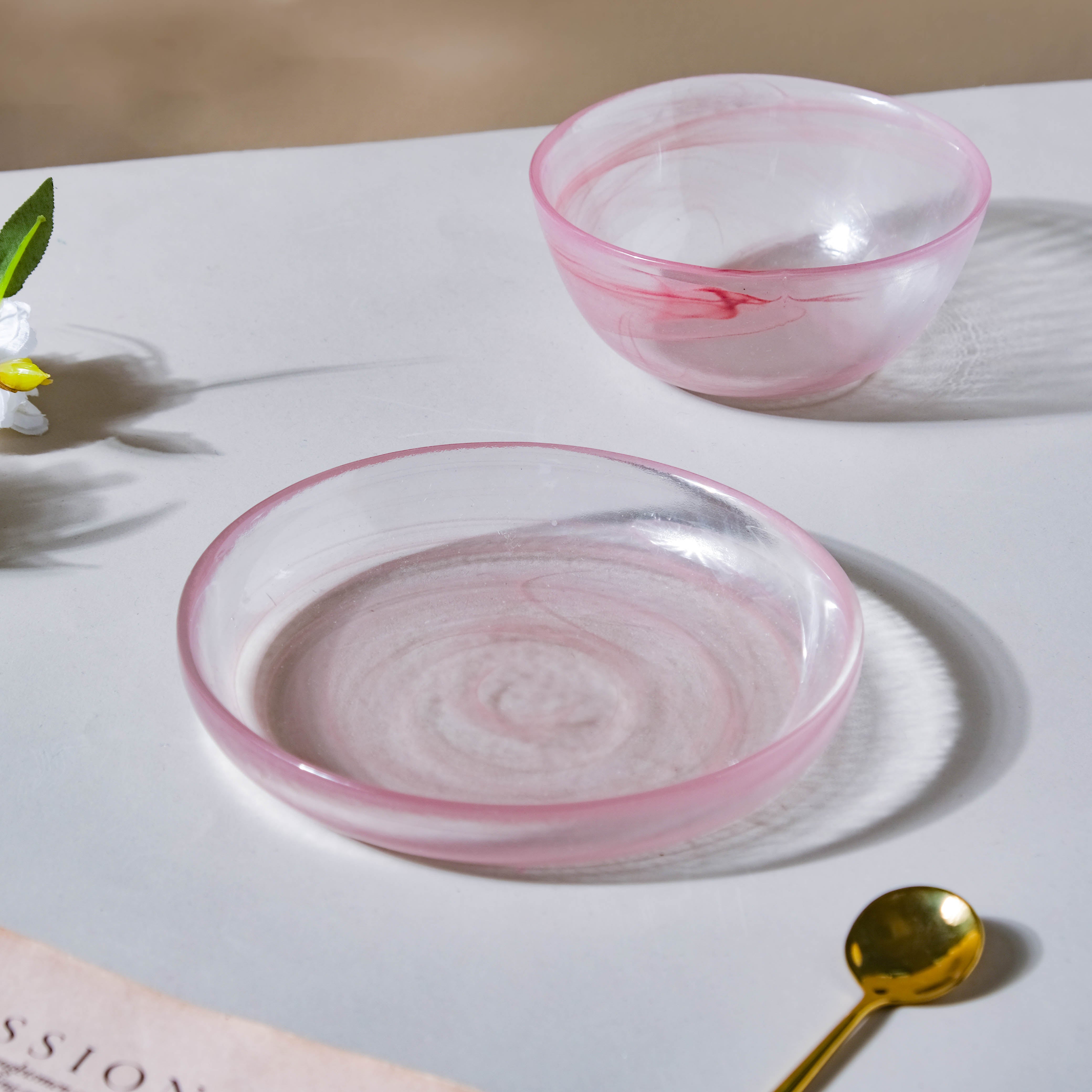Glass Pink Bowl and Plate Set