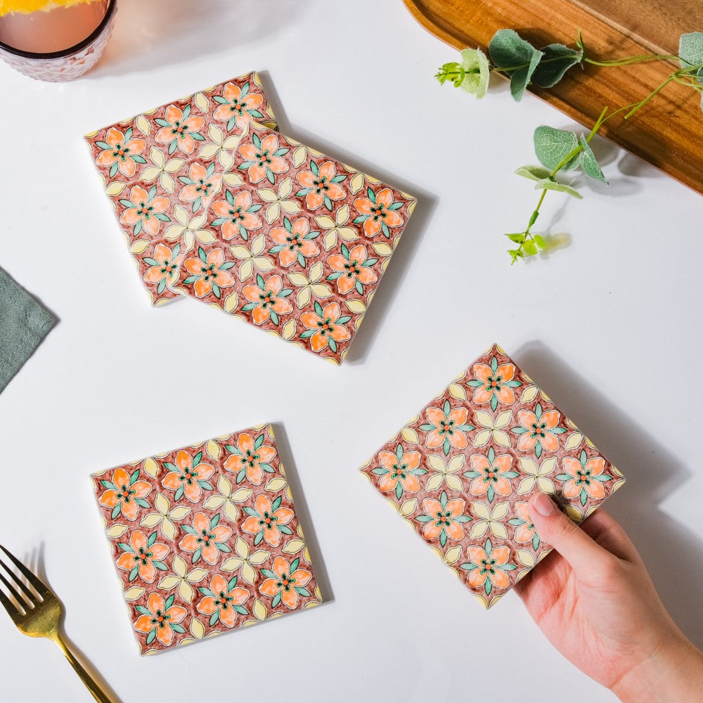 Mediterranean Matte Square Ceramic Coaster Set of 4