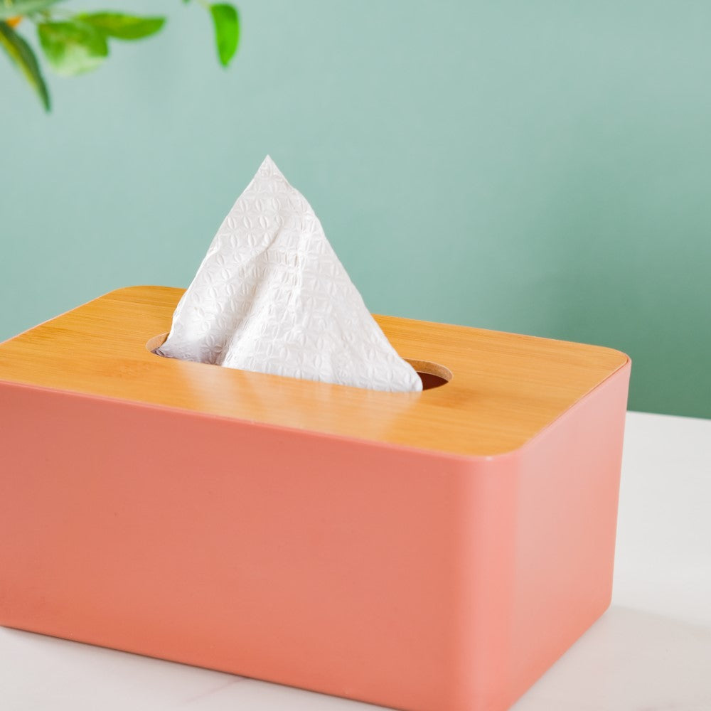 Tissue Box With Wooden Lid Pink