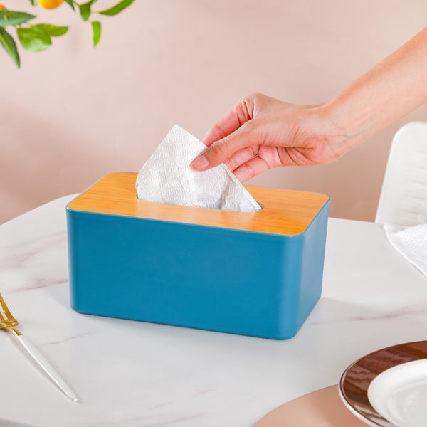 Tissue Box With Wooden Lid Blue