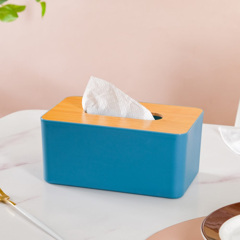 Tissue Box With Wooden Lid Blue