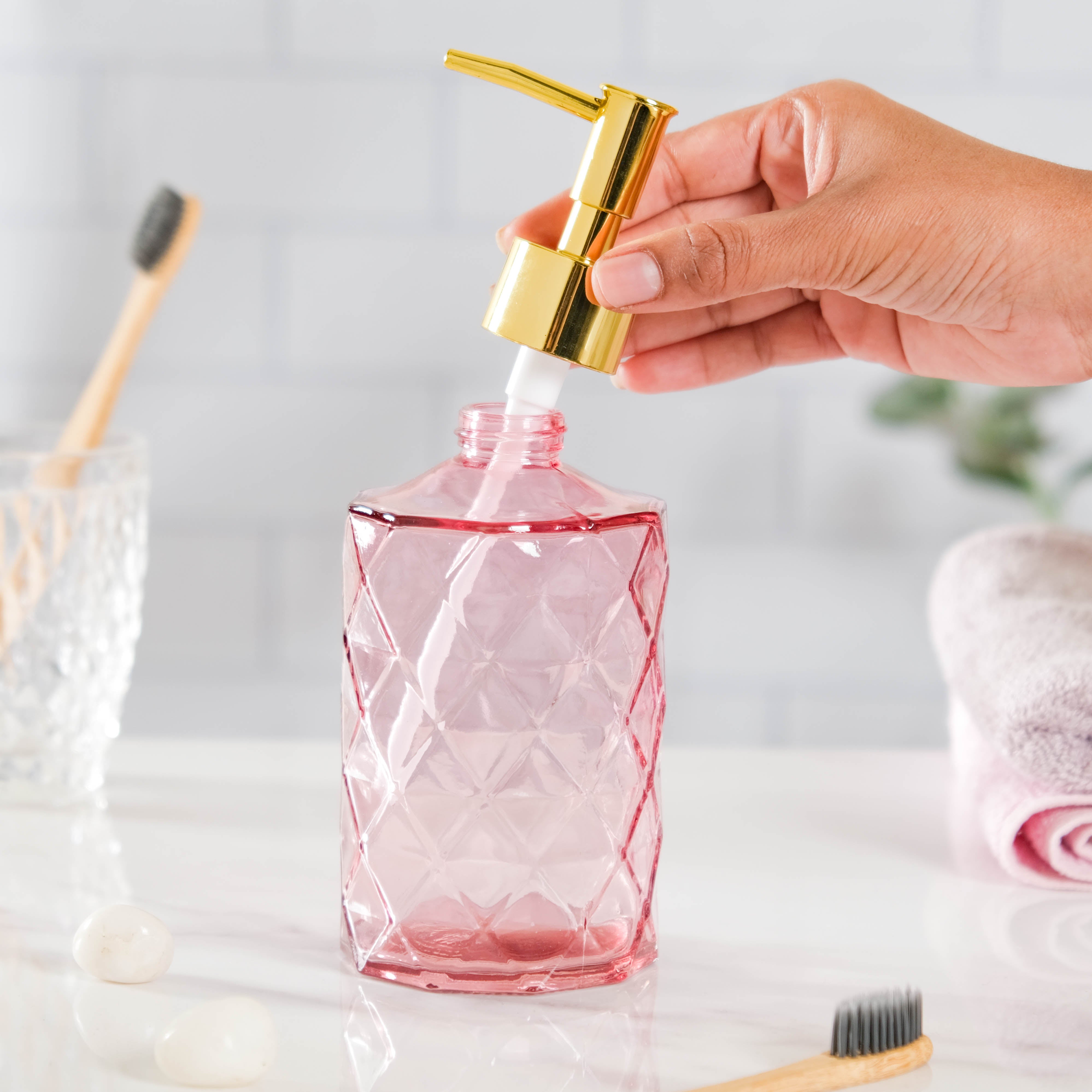 Regal Pink Textured Glass Dispenser With Nozzle