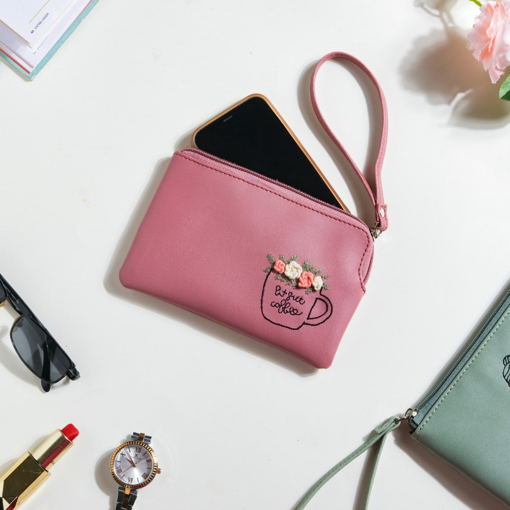 Floral Coffee Cup Pouch Bag Pink