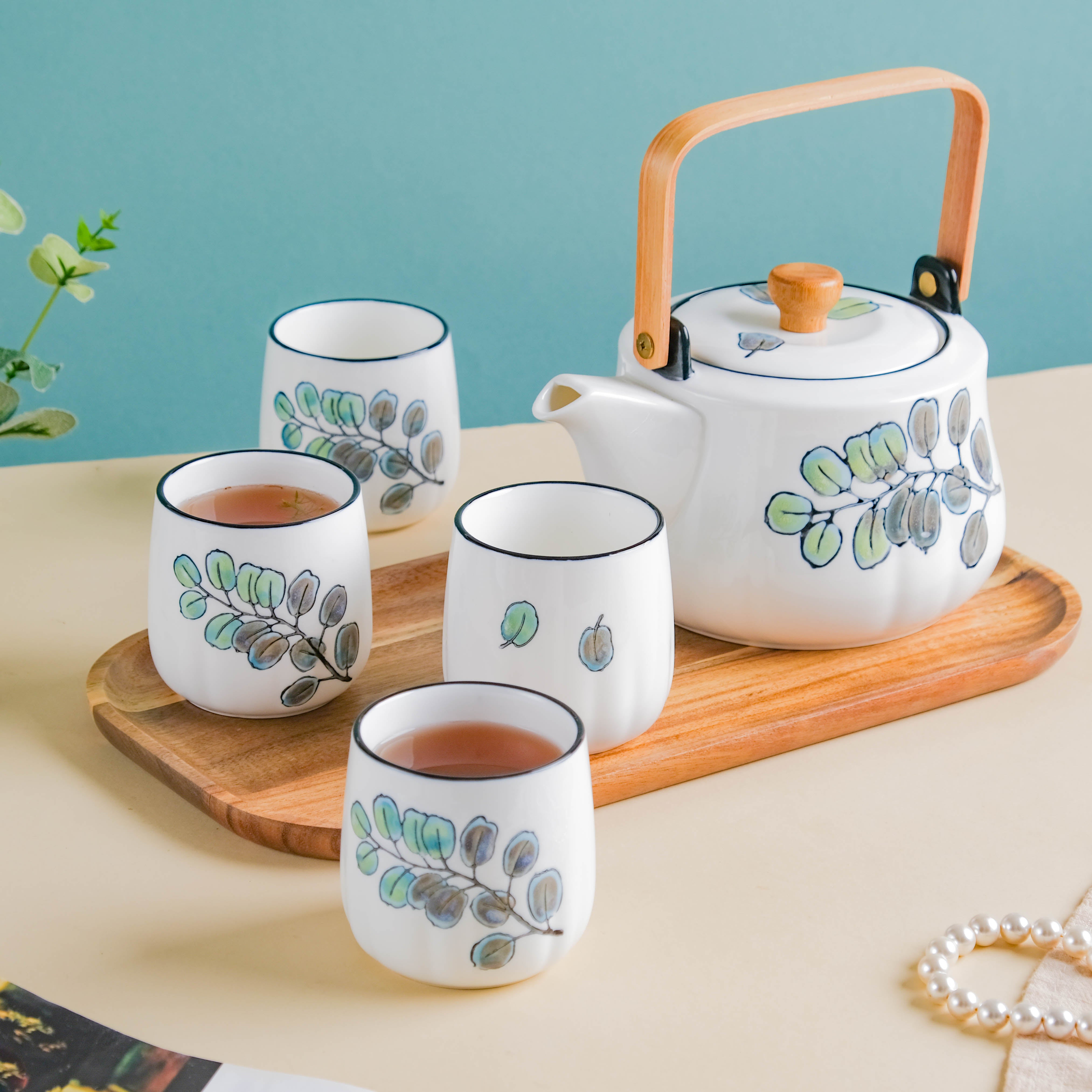 Aspen Leaves Tea Set With Wooden Tray Online - Premium Tea Set | Nestasia