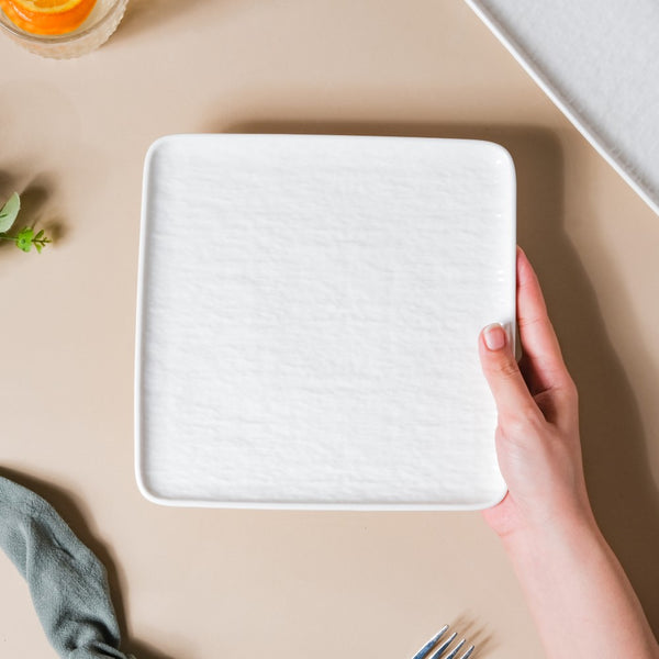 Frore Textured Square Ceramic Snack Plate White 8 Inch