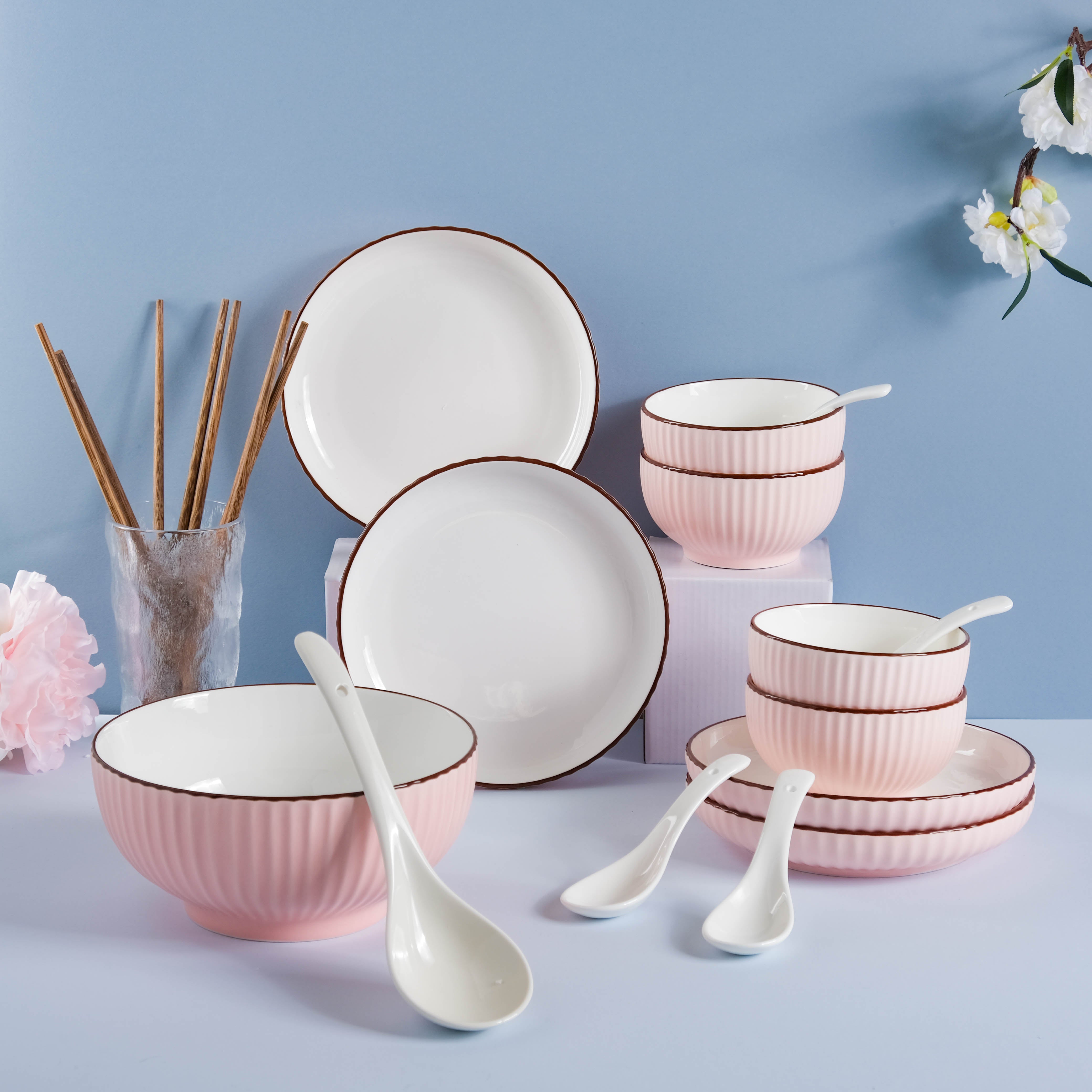 Pink Blossom 18 Piece Pasta Set For 4 Online - Premium Dinner Set ...