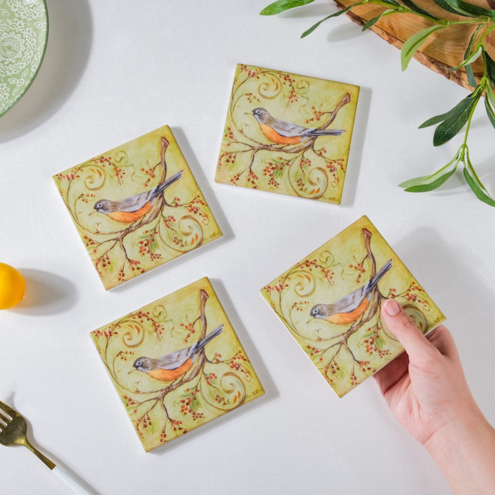 Vintage Robin Bird Coaster With Cork Set Of 4