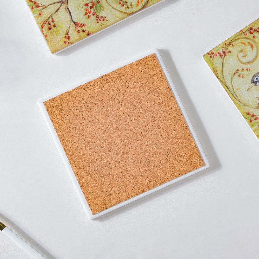 Vintage Robin Bird Coaster With Cork Set Of 4