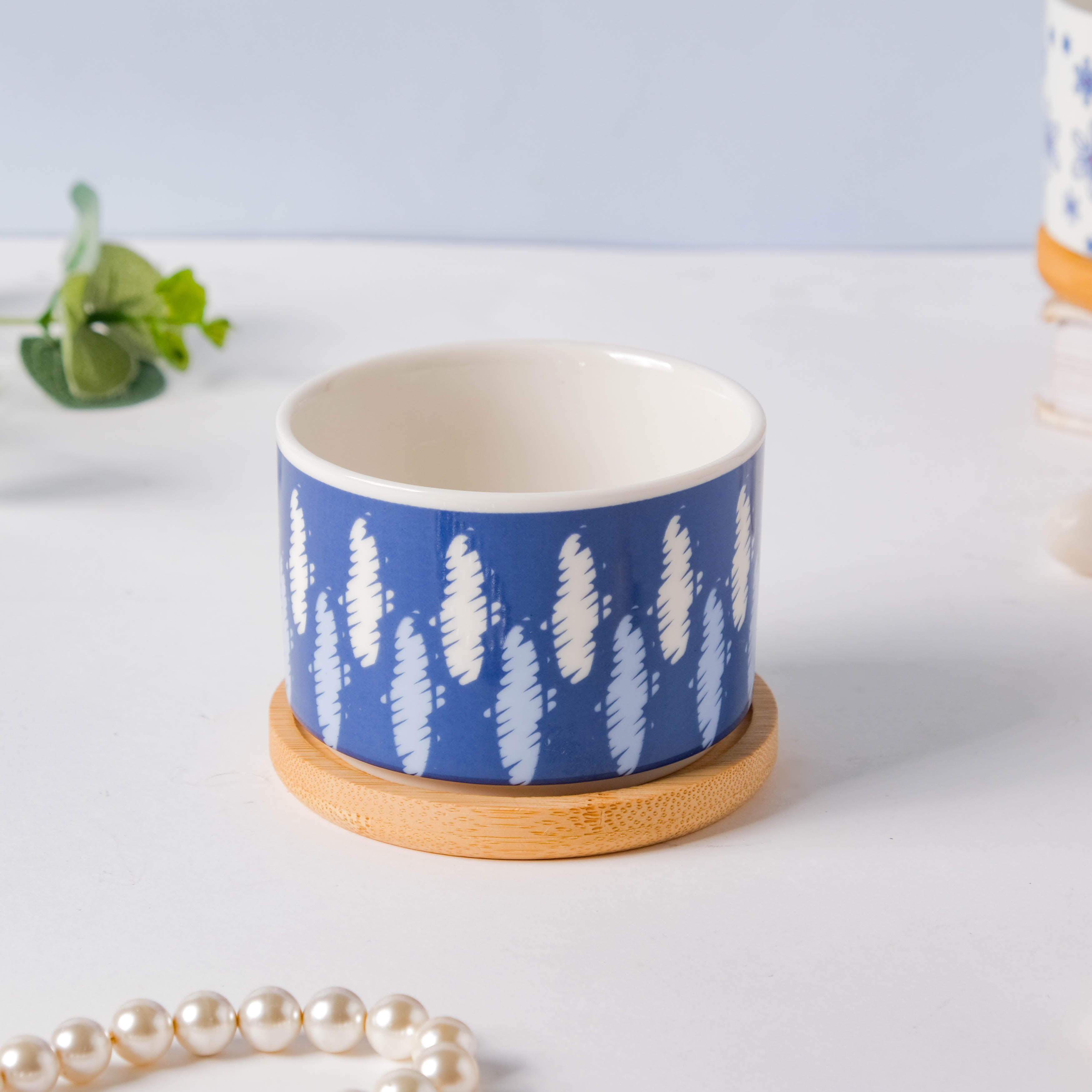Blue Abstract Japanese Planter And Wooden Coaster