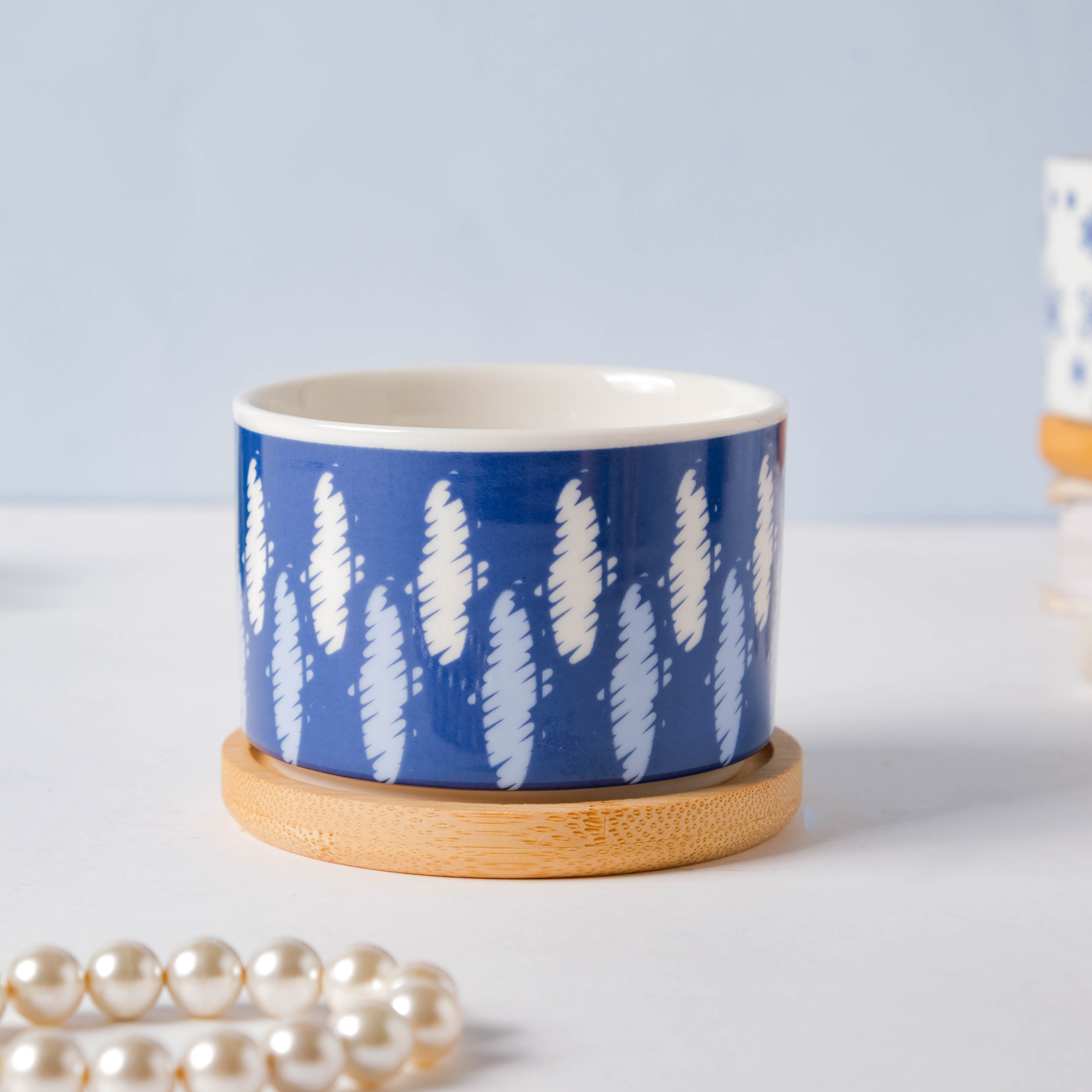 Blue Abstract Japanese Planter And Wooden Coaster