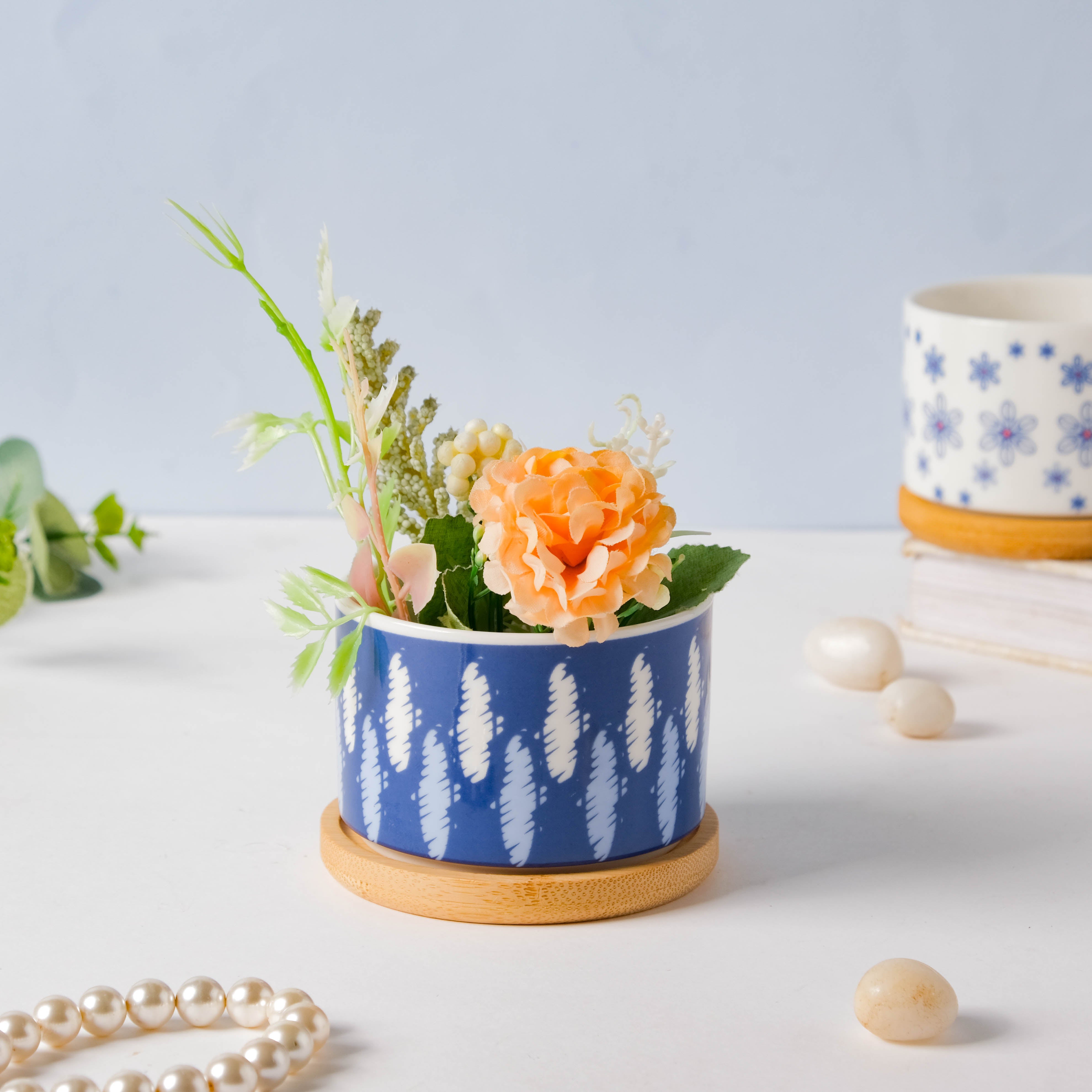 Blue Abstract Japanese Planter And Wooden Coaster