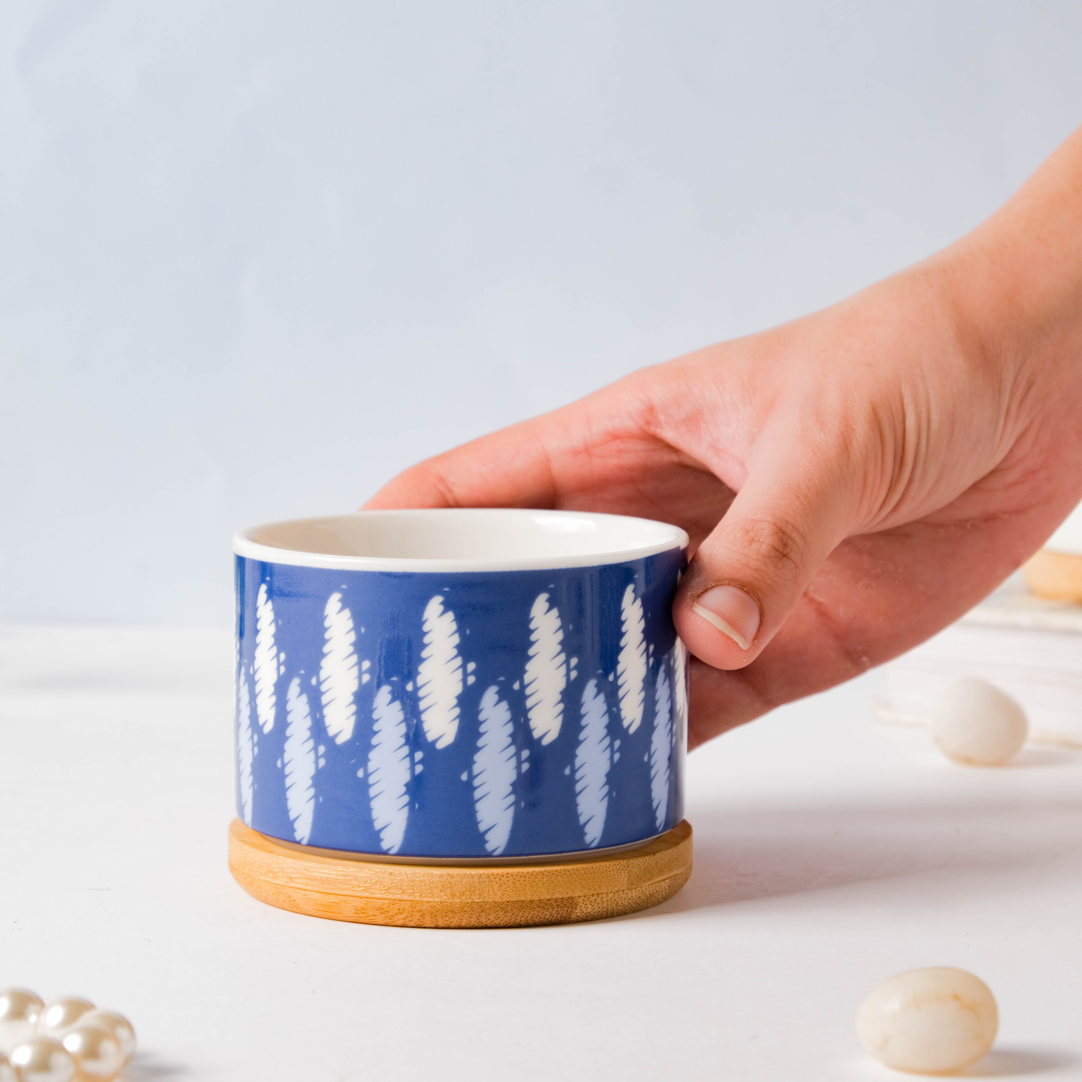 Blue Abstract Japanese Planter And Wooden Coaster