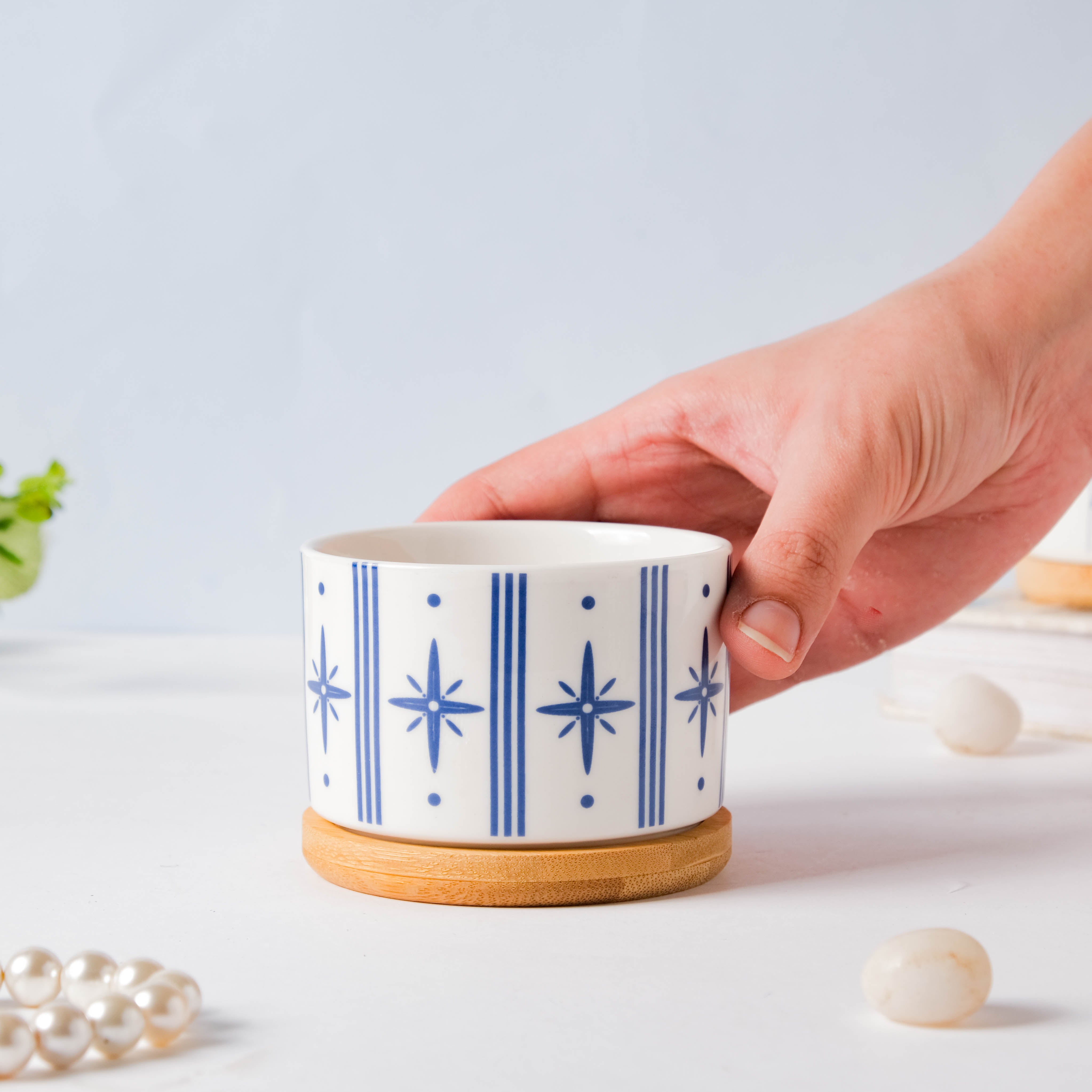 Blue Charm Japanese Planter And Wooden Coaster