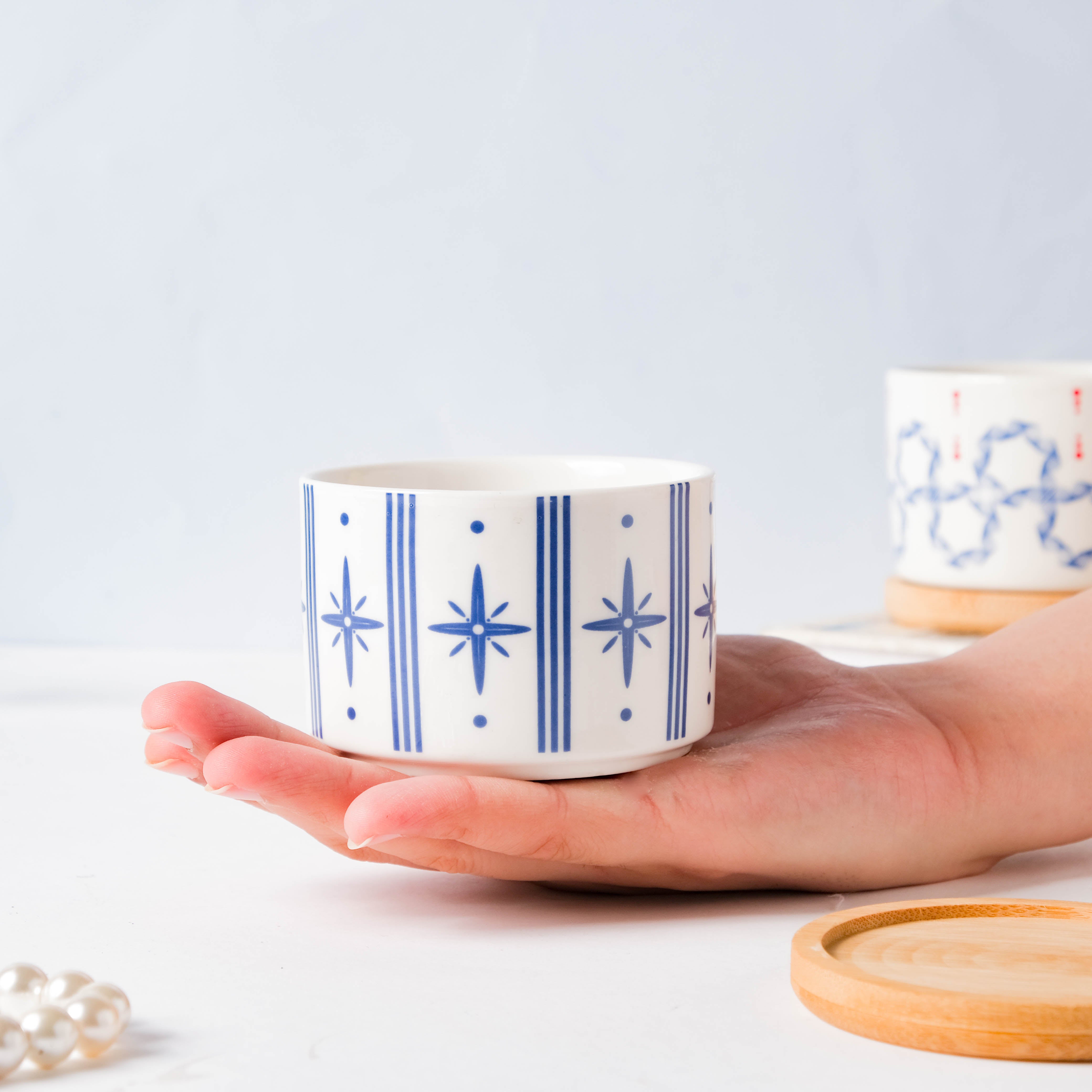 Blue Charm Japanese Planter And Wooden Coaster