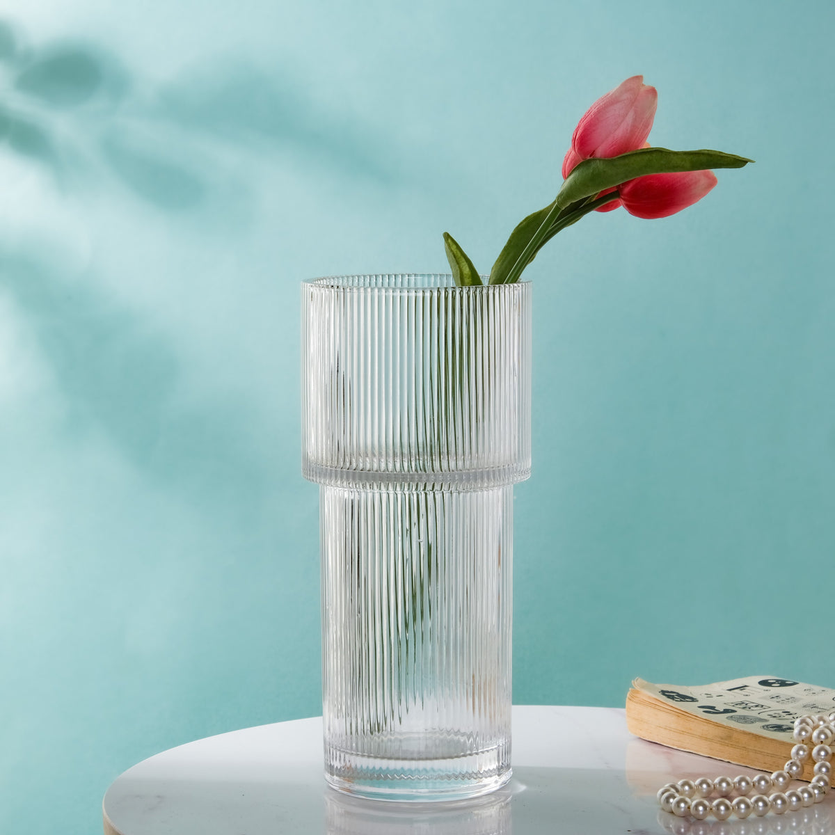 Contemporary Ribbed Textured Glass Flower Vase