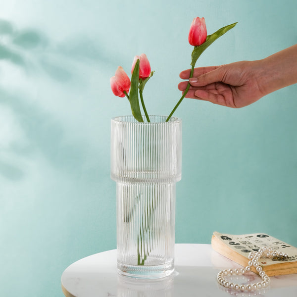 Contemporary Ribbed Textured Glass Flower Vase