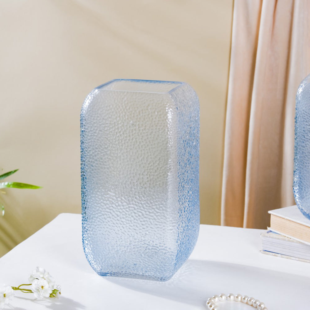 Art Deco Pebble Texture Glass Vase Blue 9.5 Inch