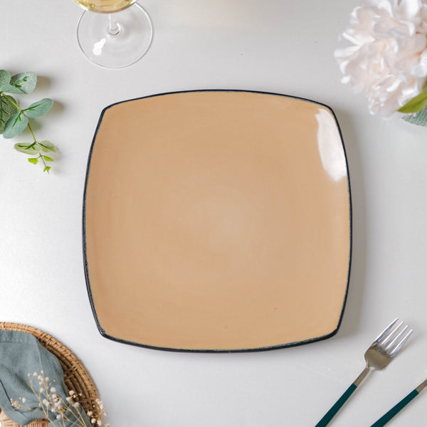 Beige Glossed Blue Rimmed Square Plate 10.5 Inch