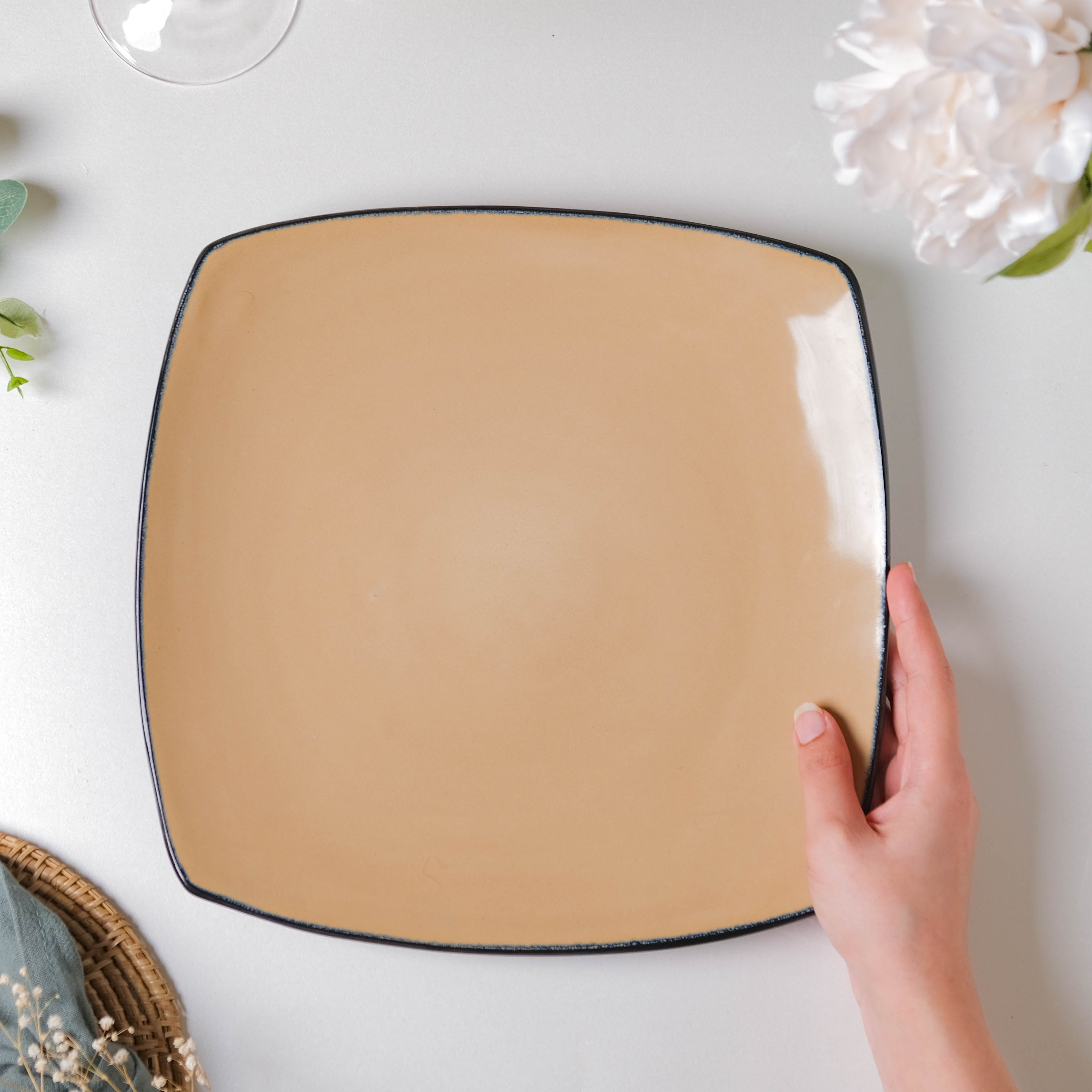 Beige Glossed Blue Rimmed Square Plate 10.5 Inch