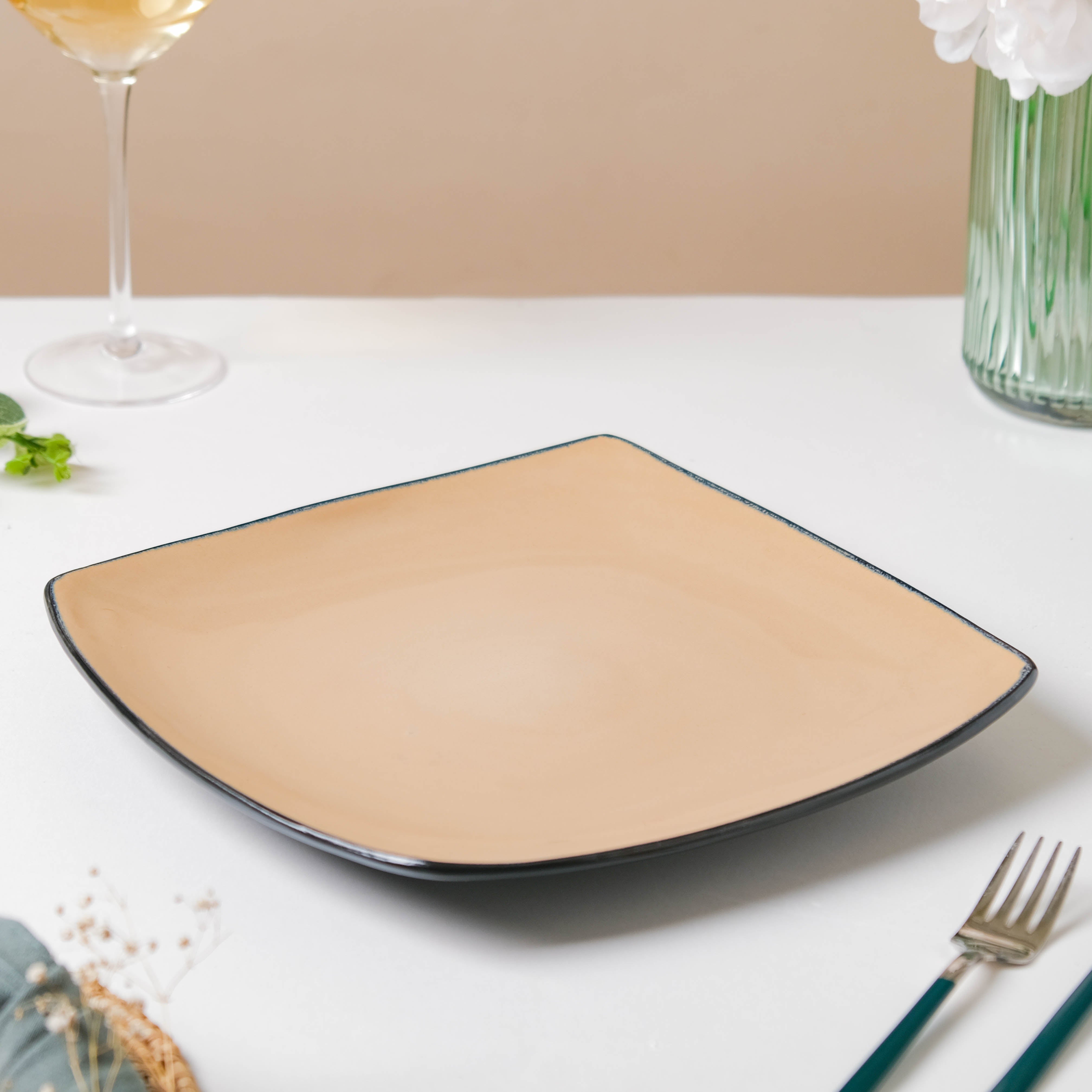 Beige Glossed Blue Rimmed Square Plate 10.5 Inch