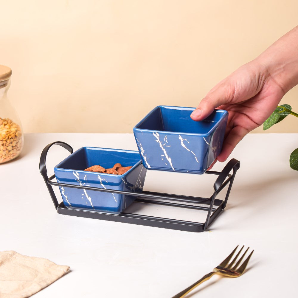 Cerulean Silver Marble Ceramic Bowls Tray Set Of 3 200ml