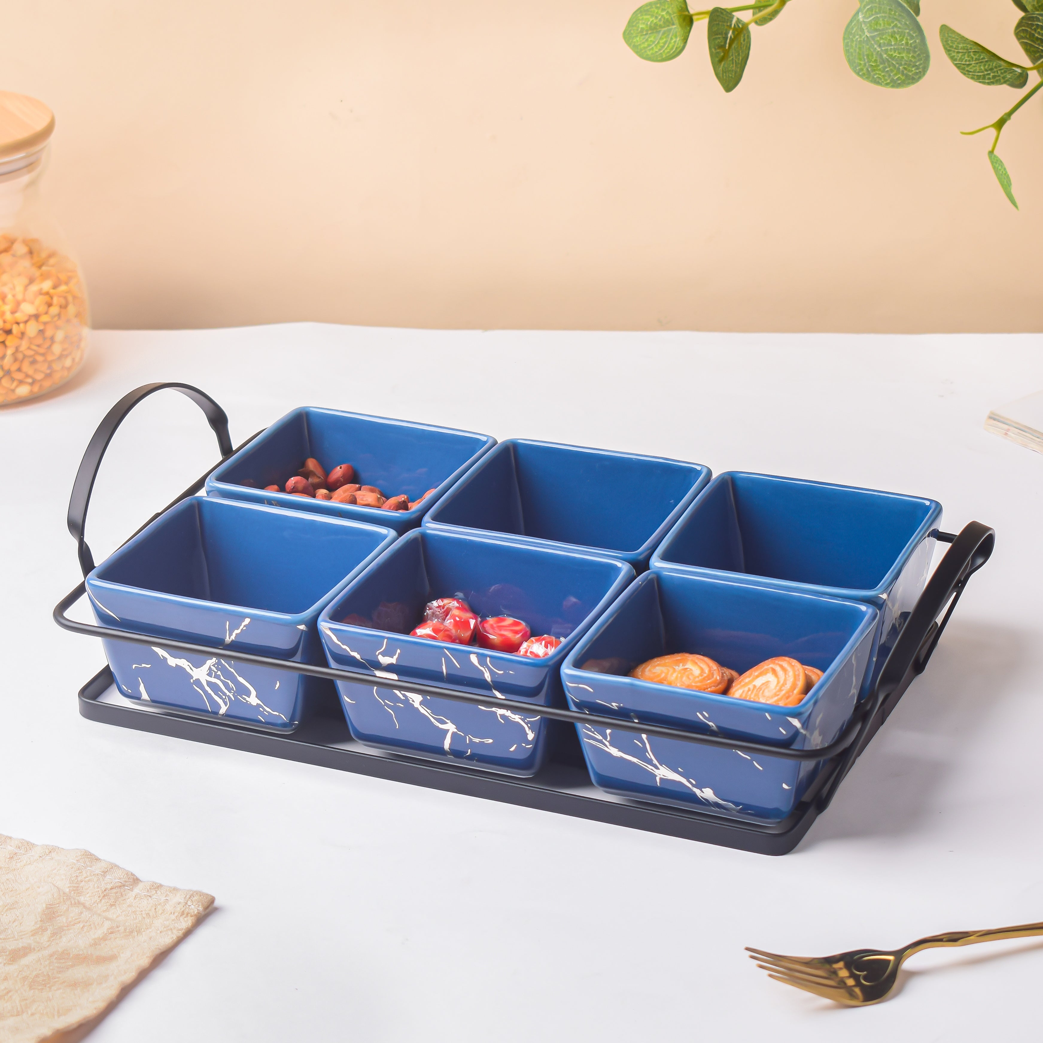 Cerulean Silver Ceramic Bowls Tray Set Of 7 200ml